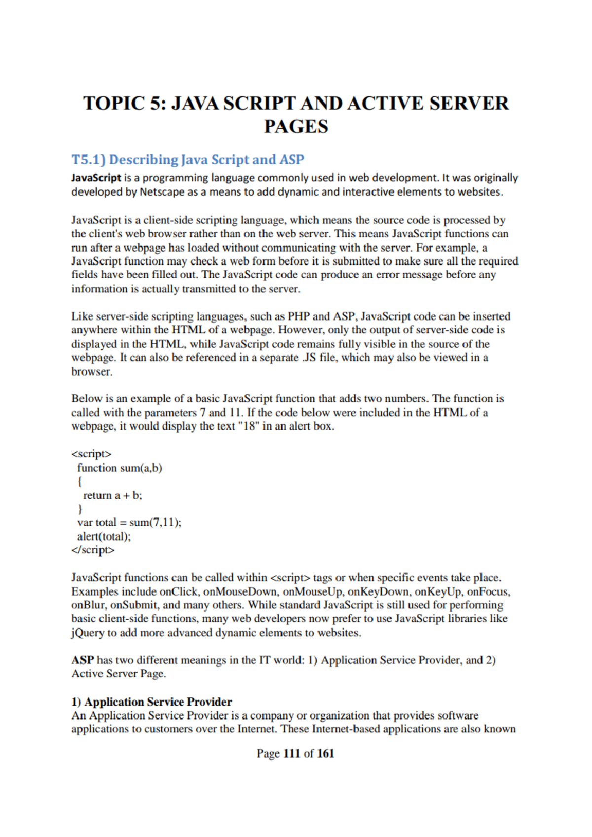 Javascript - Helpful notes - Information communication Technology - Studocu