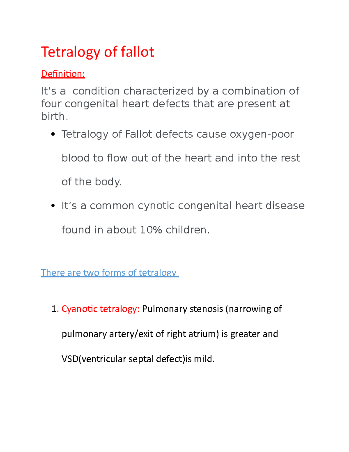 Tetralogy of fallot - Combination of four heart congenital heart - Studocu