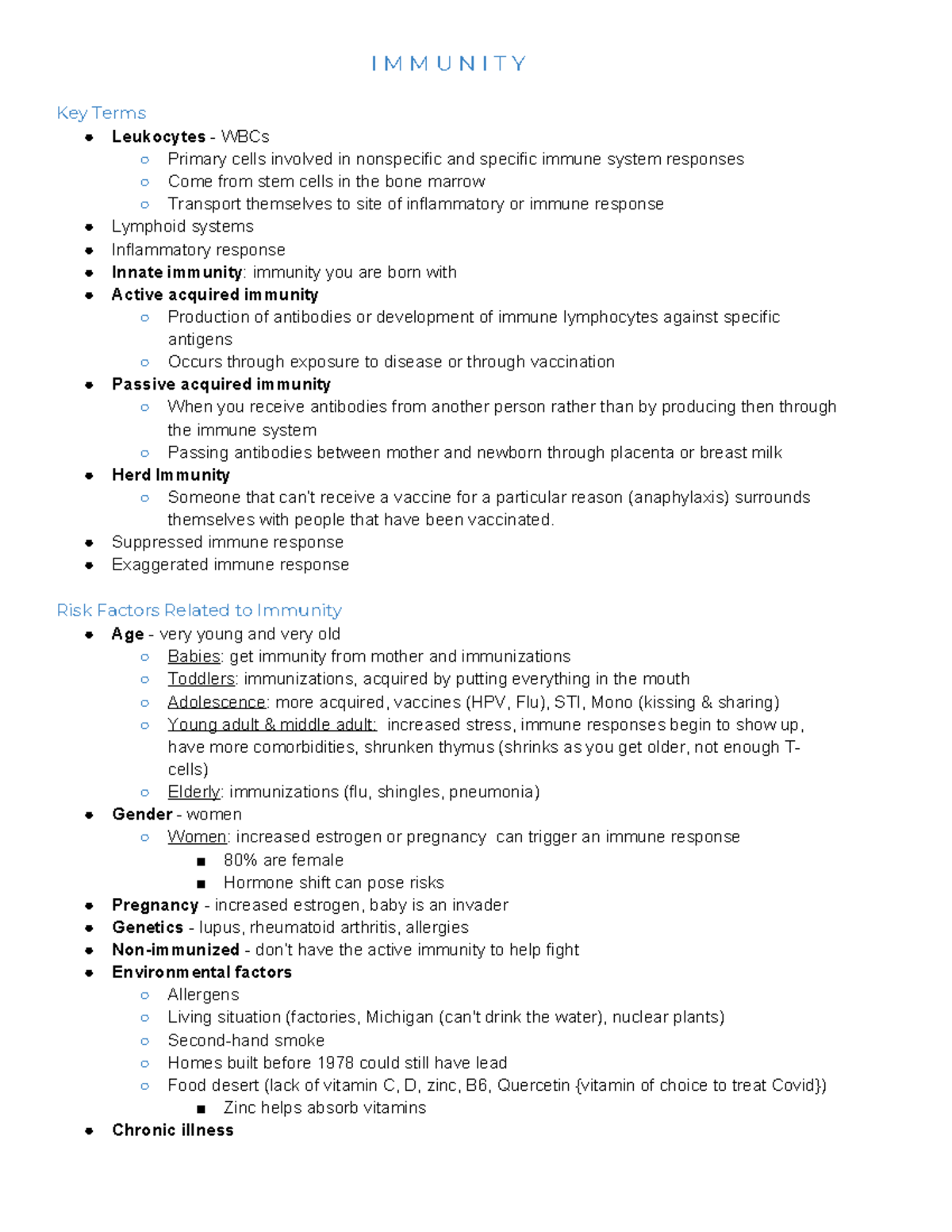 211 - Immunity - notes - I M M U N I T Y Key Terms Leukocytes - WBCs ...