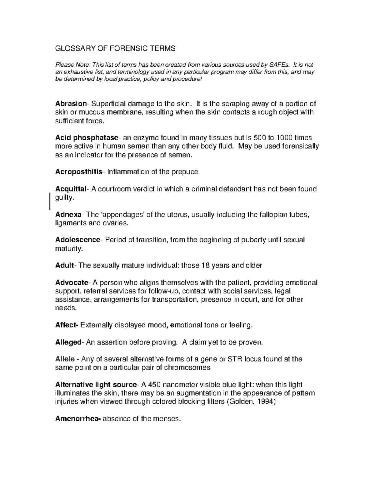 Glossary OF Forensic Terms - GLOSSARY OF FORENSIC TERMS Please Note ...