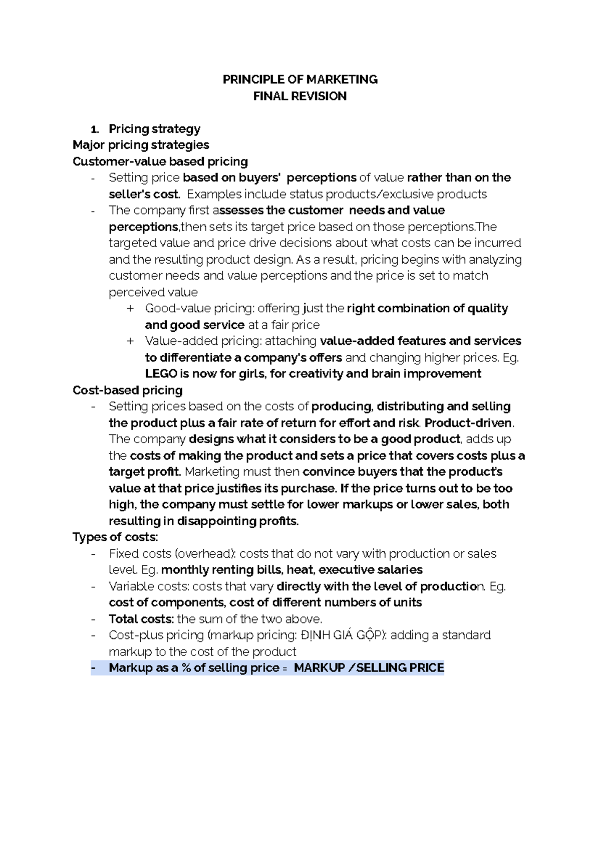 Principle OF Marketing - PRINCIPLE OF MARKETING FINAL REVISION Pricing ...