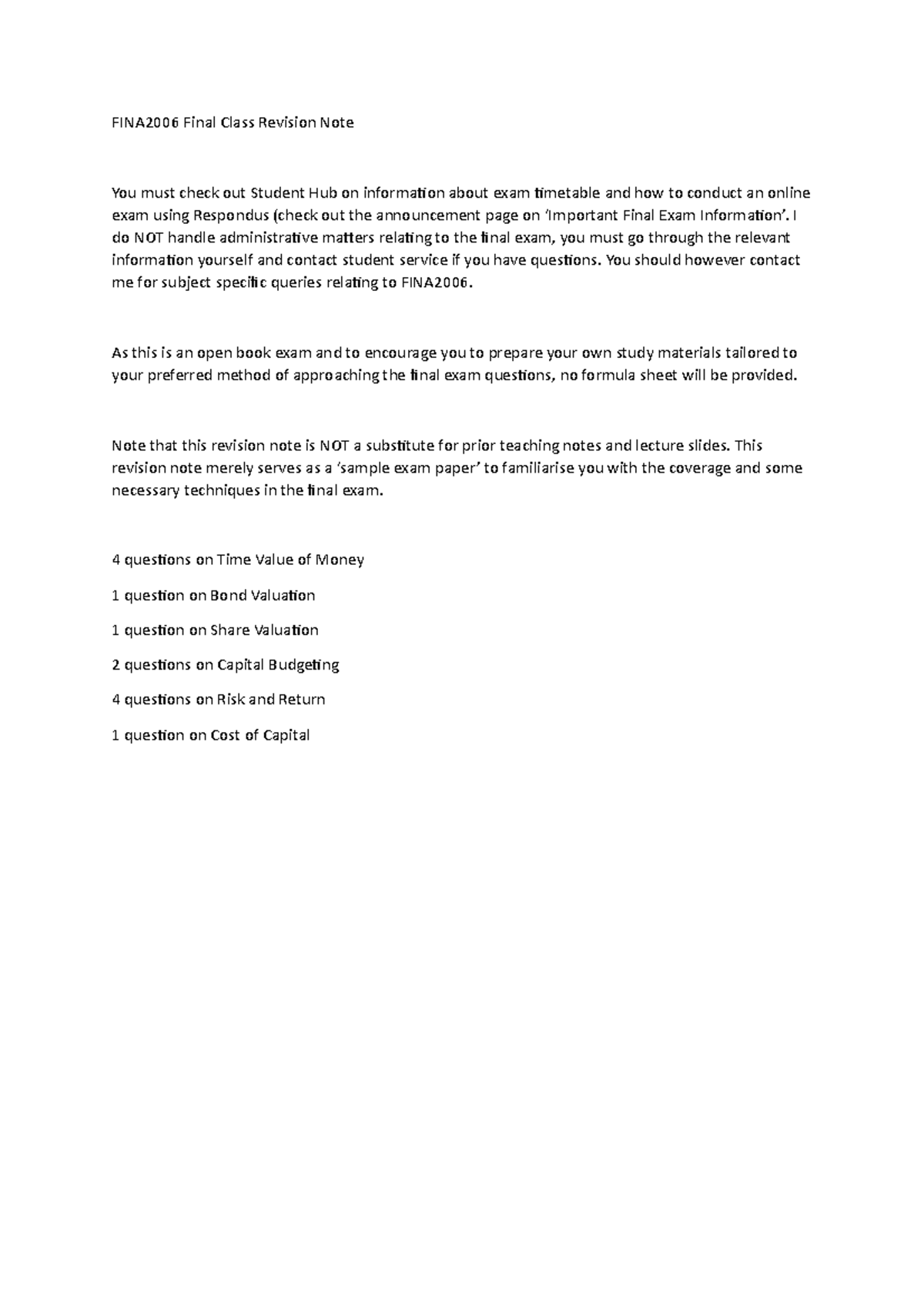 Week 11 Teaching Note - Lecture notes Week 11 - FINA2006 Final Class ...