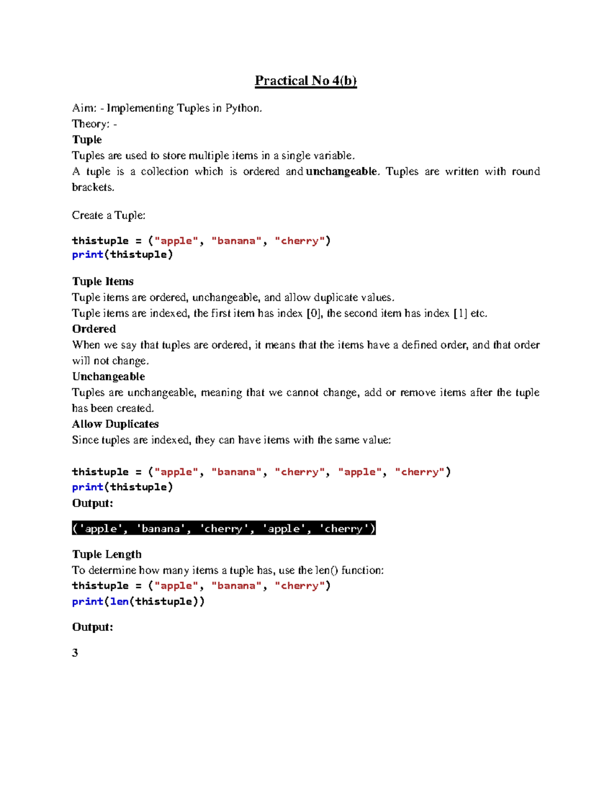 Ppskatunta - Practical No 4(b) Aim: - Implementing Tuples in Python ...