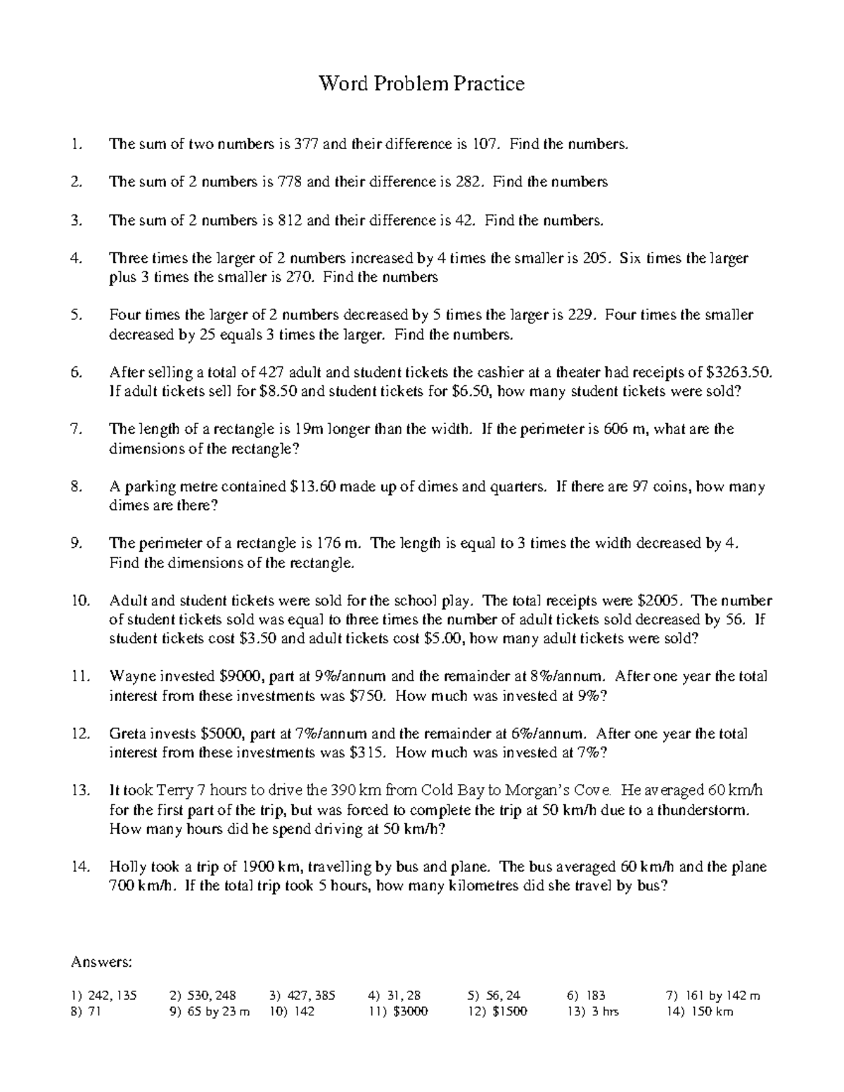 Word Problem Practice - Word Problem Practice The sum of two numbers is ...