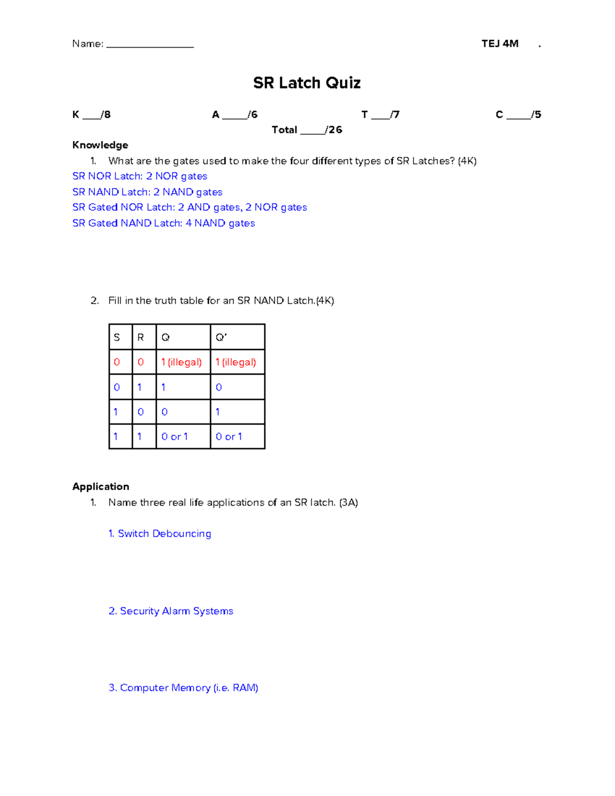 SR Latch Worksheet Solution - Name: ______________ TEJ 4M. SR Latch ...