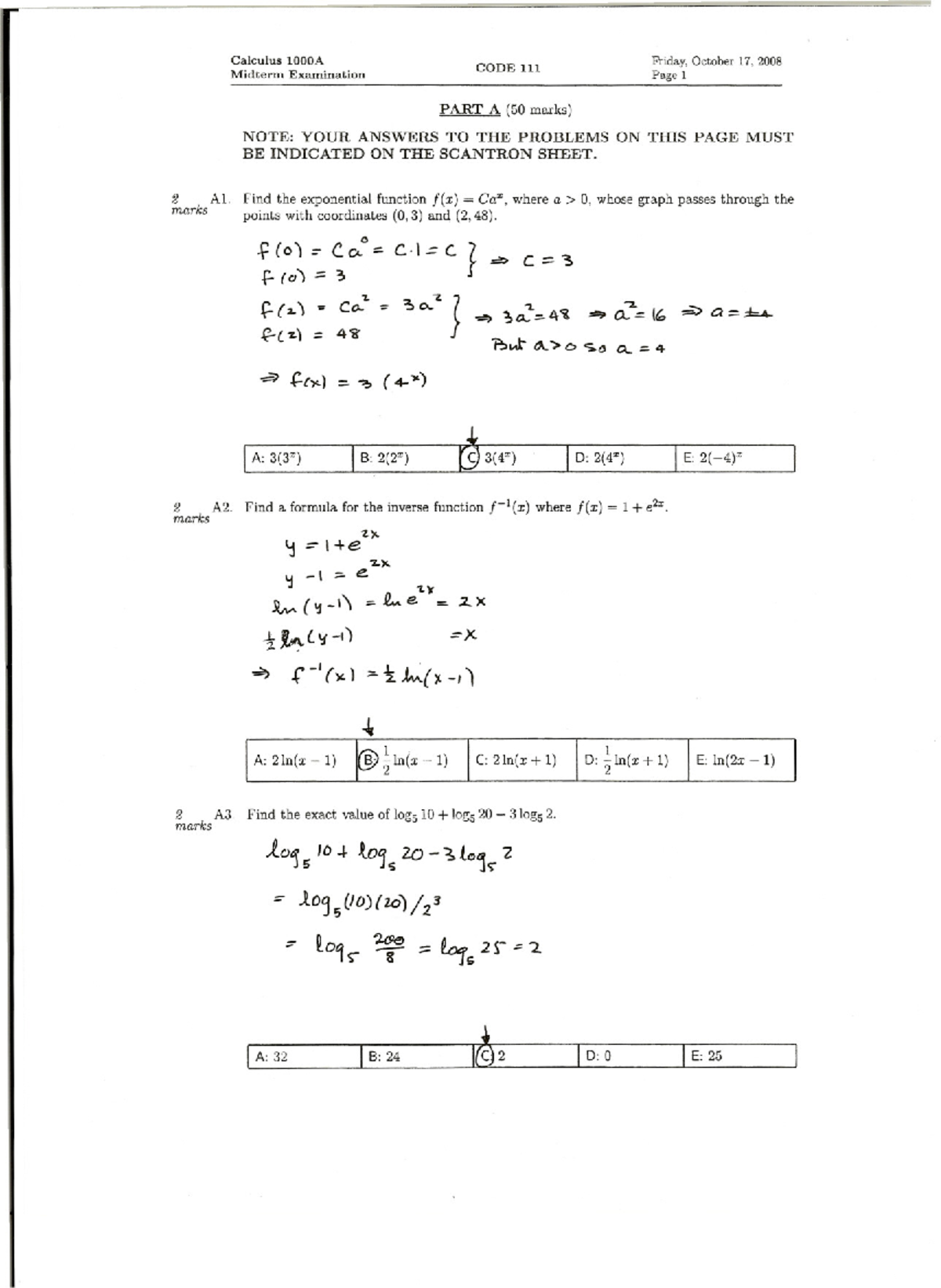 2008 Midterm Part 1 - Calculus 1000A Midterm Examination CODE III ...