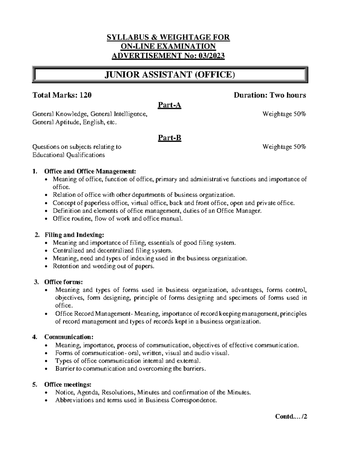 Syllabus for the post of Jr. Assistant (Office) - SYLLABUS & WEIGHTAGE ...