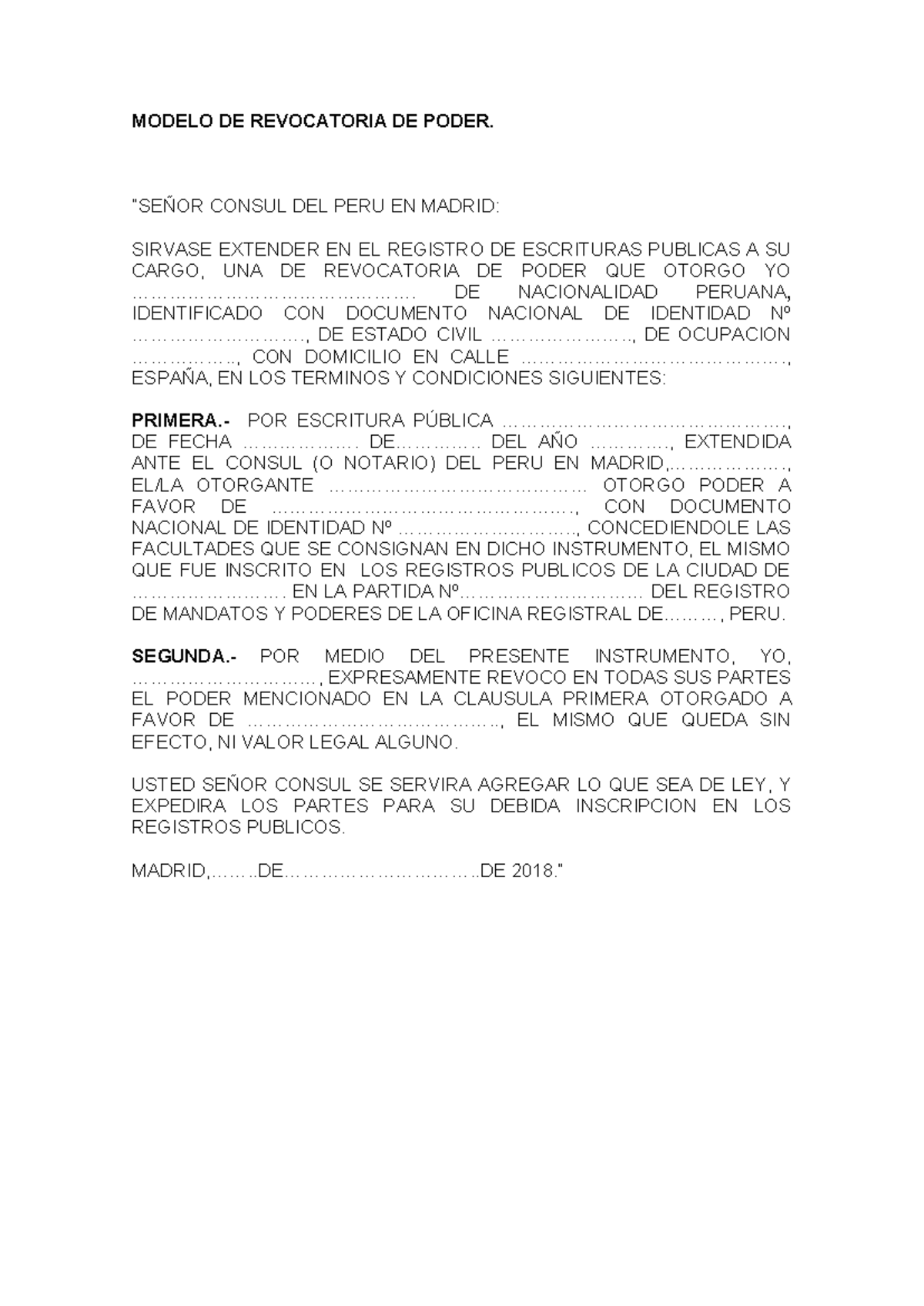 MOD Revocatoria DE Poder - MODELO DE REVOCATORIA DE PODER. “SEÑOR ...