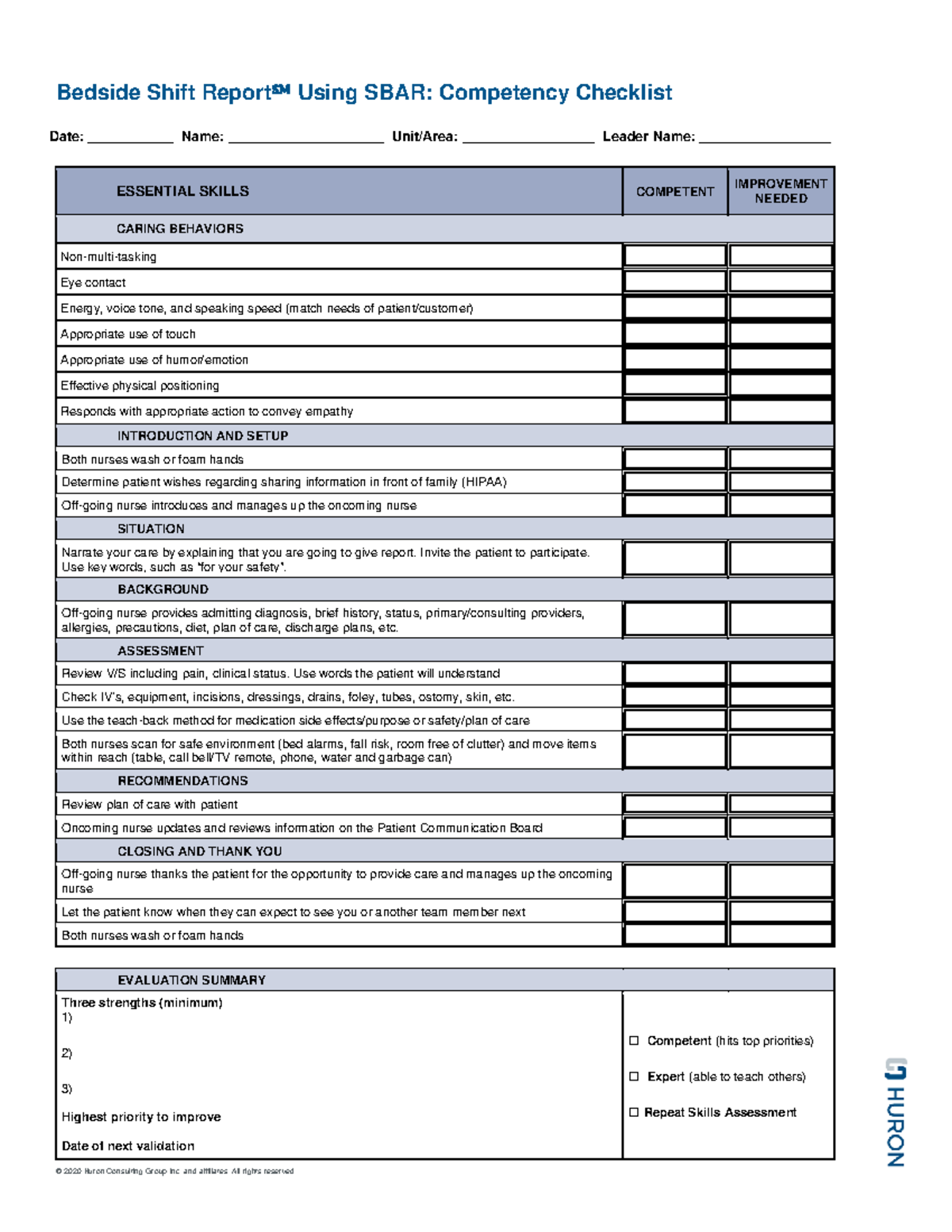 Comp Checklist BSR Using SBAR - © 2020 Huron Consulting Group Inc. and ...