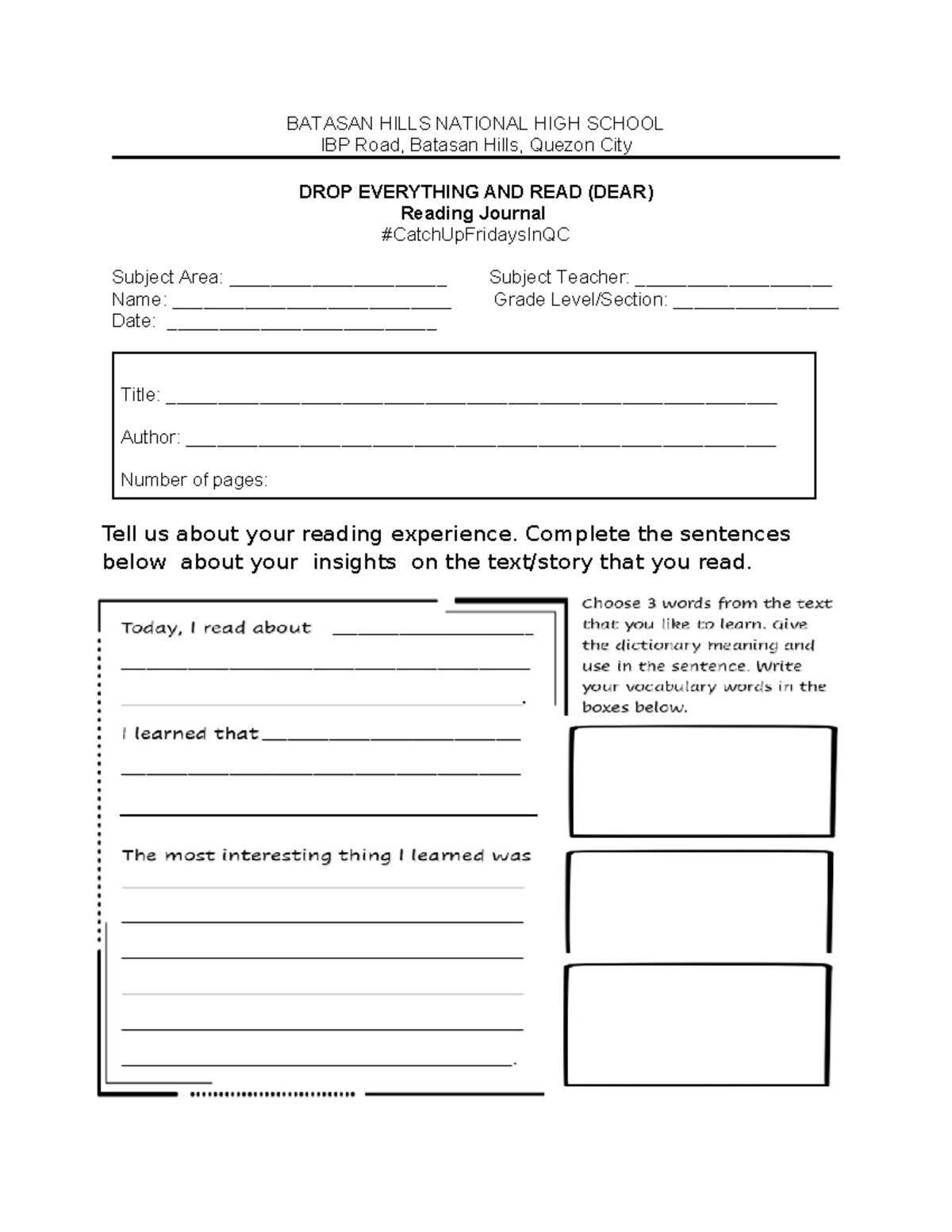 DEAR- Reading- Journal - BATASAN HILLS NATIONAL HIGH SCHOOL IBP Road ...