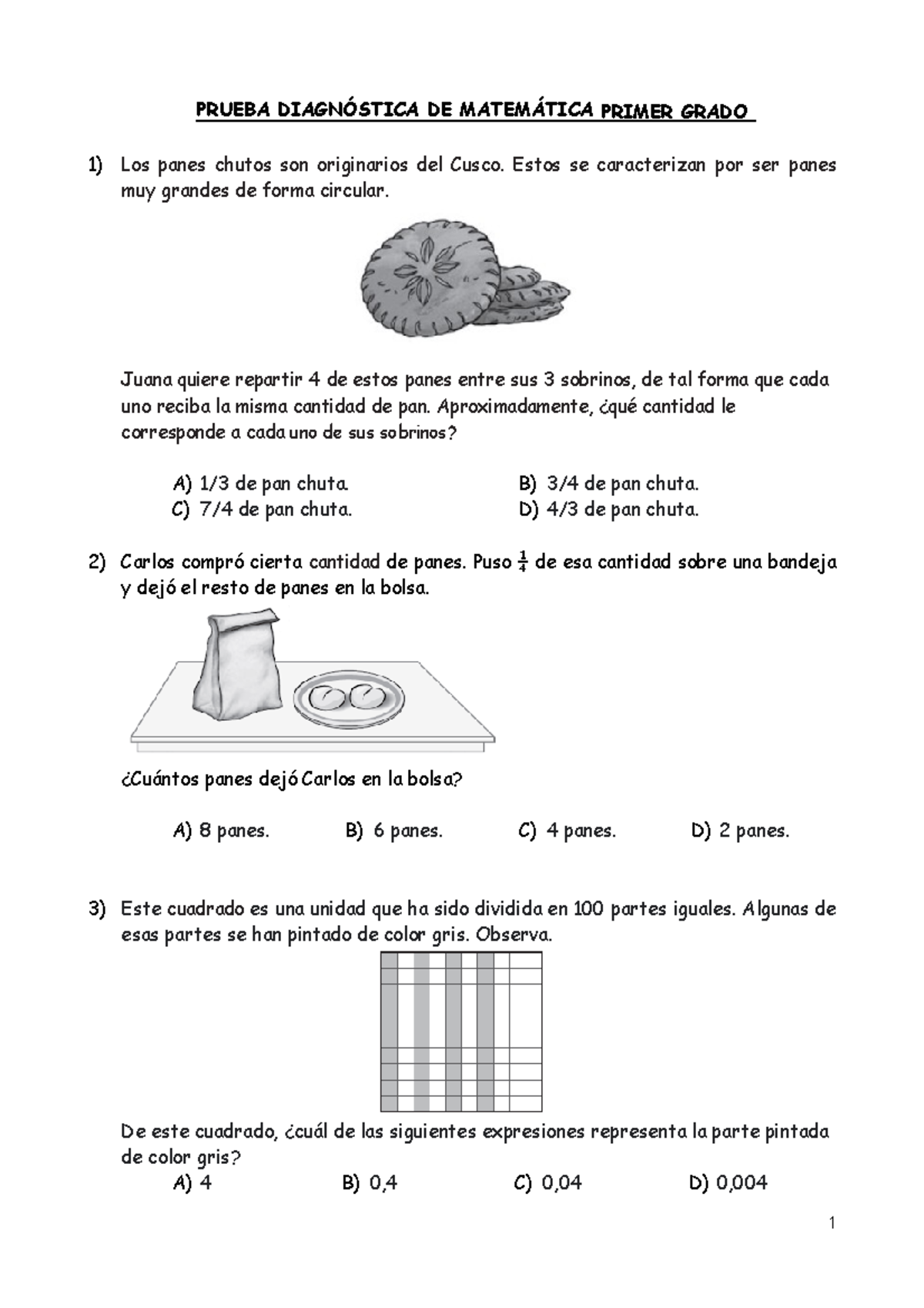 1ro Prueba diagnóstica Matemática CEBA - PRUEBA DIAGNÓSTICA DE ...