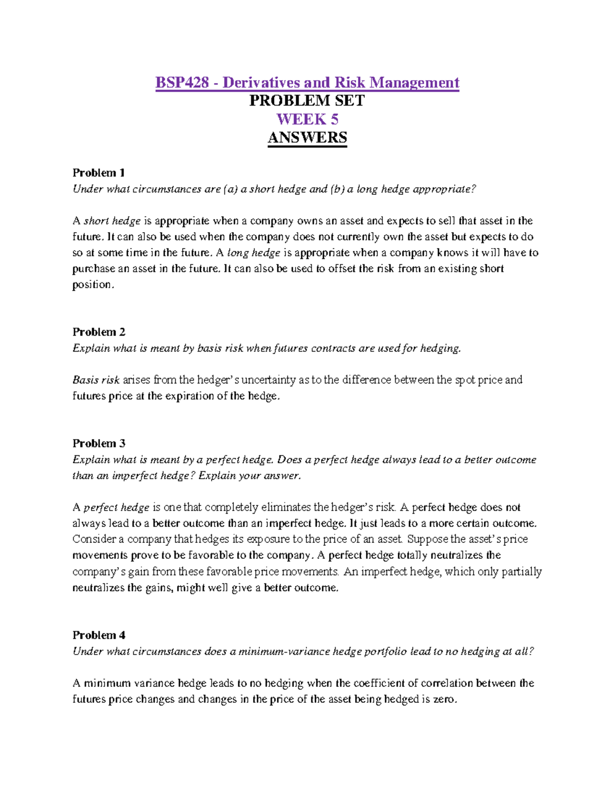 Problem set week 5 answers - BSP428 - Derivatives and Risk Management ...