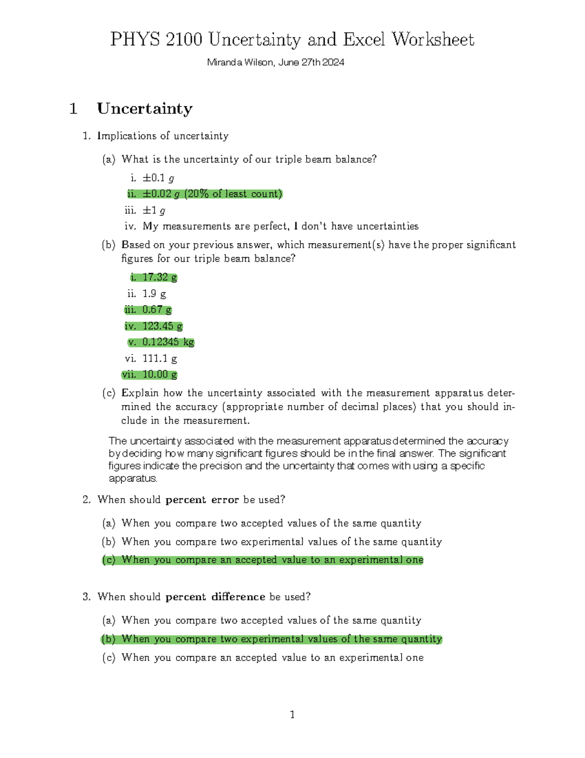 Uncertainty and Excel Sheet w/ no graph + answer keys - PHYS 2100 Uncertainty and Excel ...