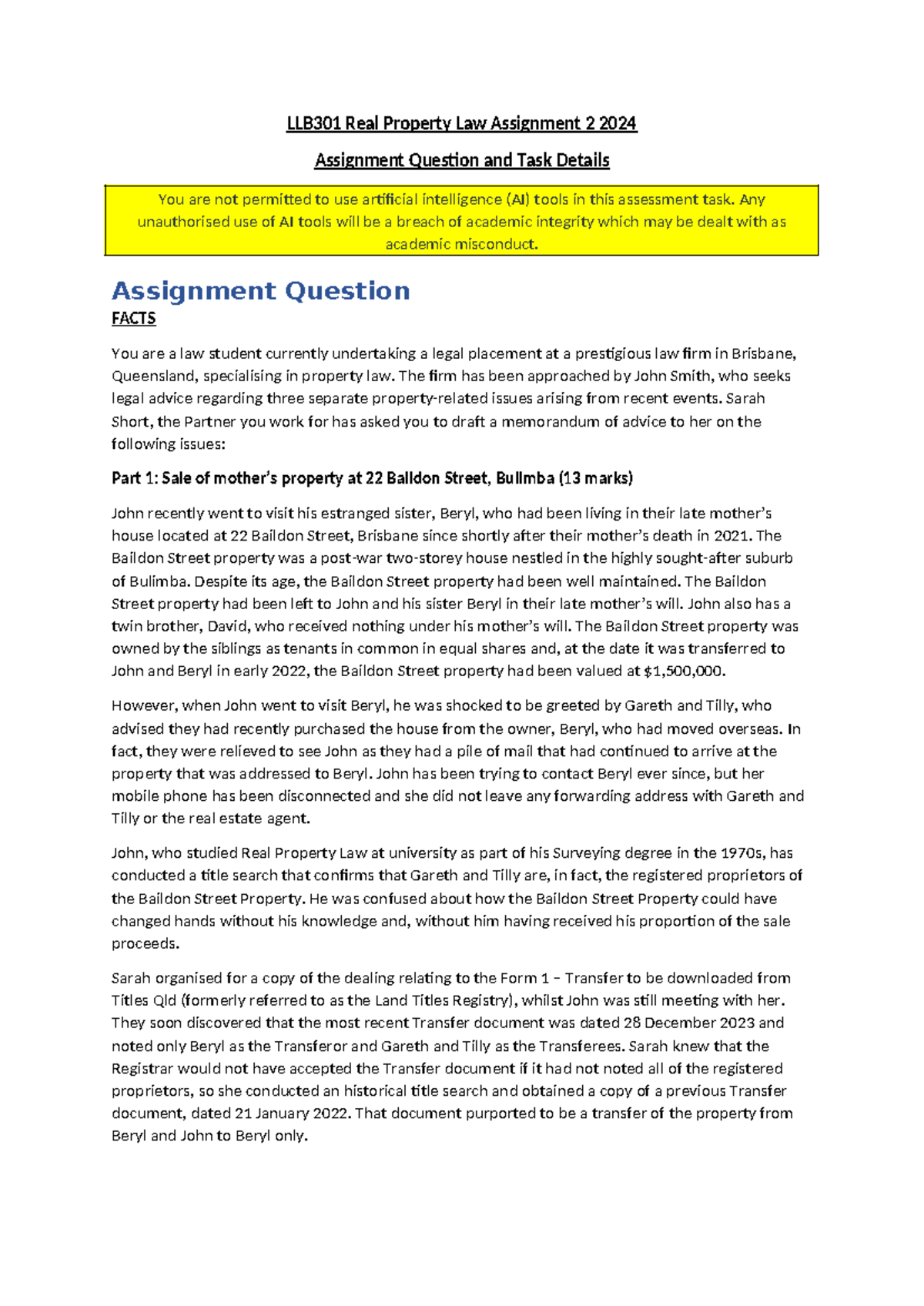 LLB301 2024 Assignment 2 Question Final-1 - LLB301 Real Property Law Assignment 2 2024 ...