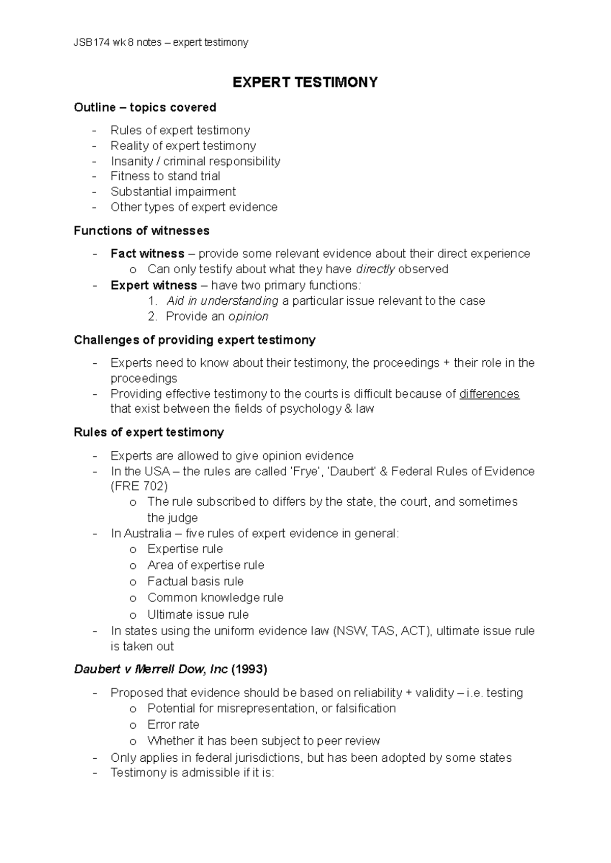 Jsb174 wk 8 notes - expert testimony - EXPERT TESTIMONY Outline ...