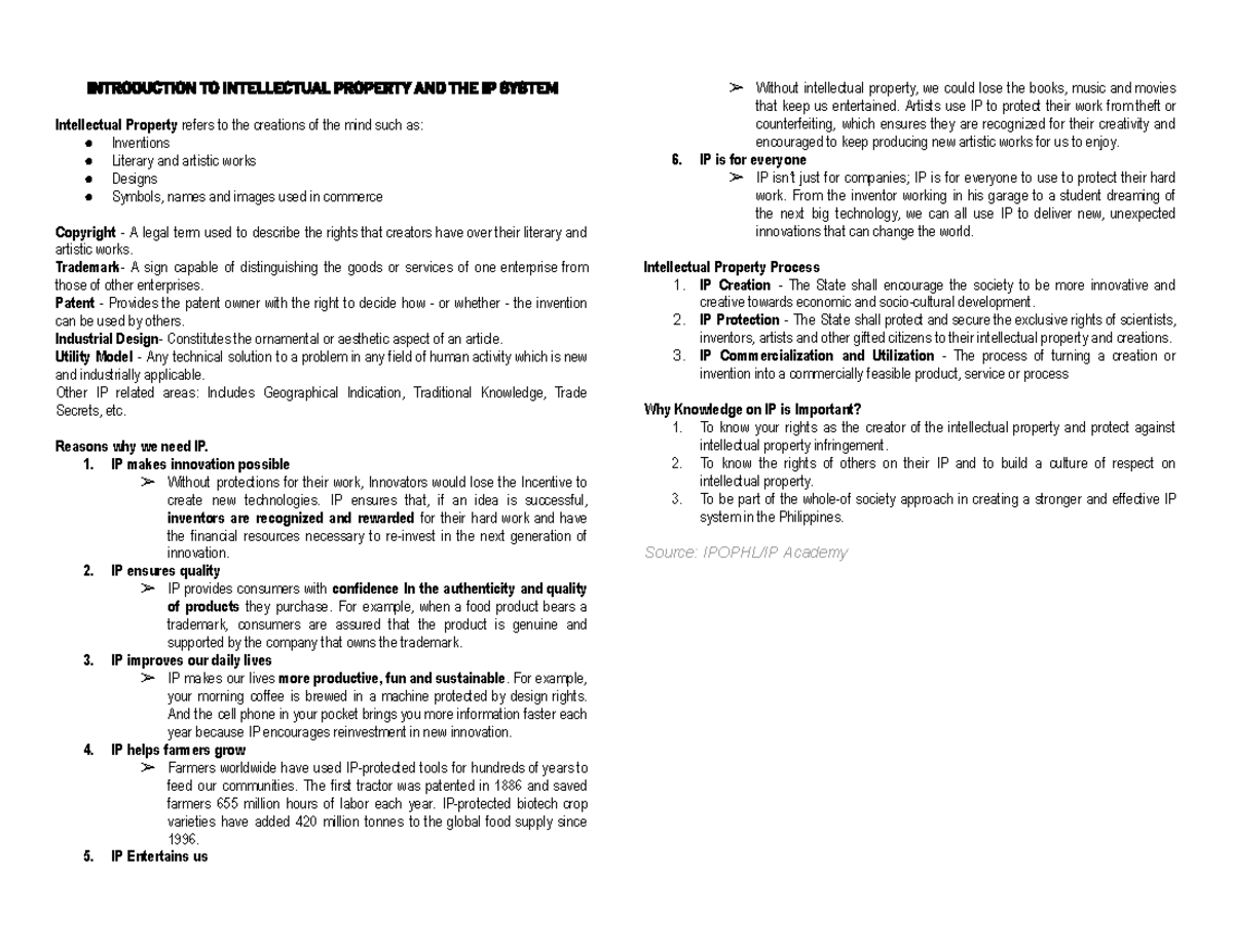 IPL-Notes - NONE - INTRODUCTION TO INTELLECTUAL PROPERTY AND THE IP ...