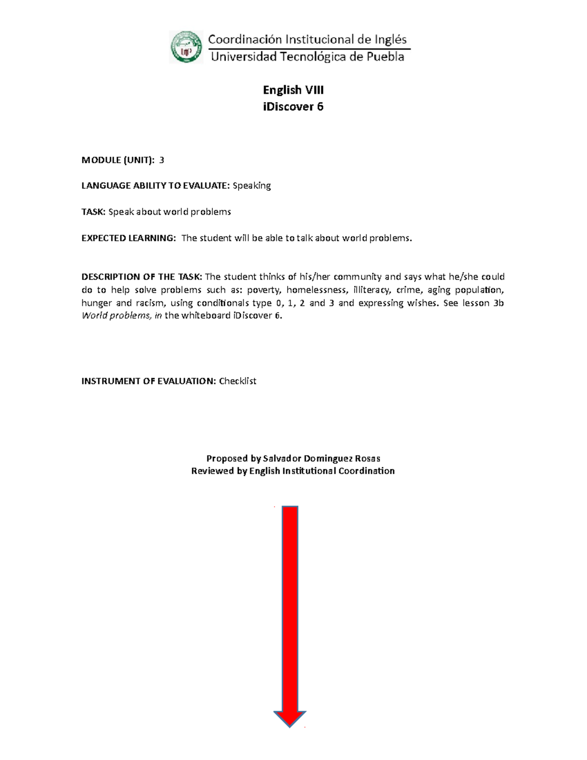 Speaking Product and checklist for English VIII - English VIII ...