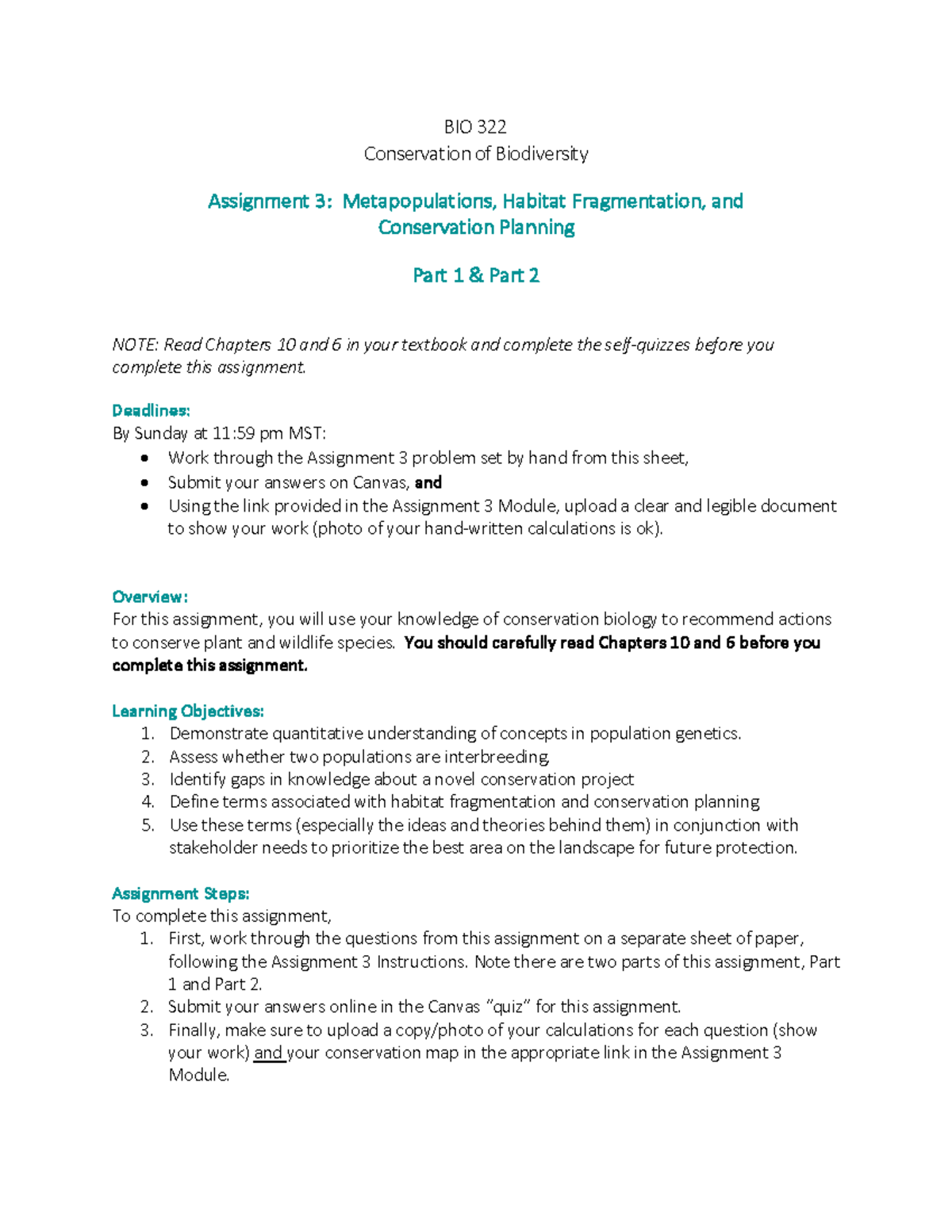 Instructions - Bio 322 - Assignment 3 - 2023Fall - BIO 322 Conservation of Biodiversity ...