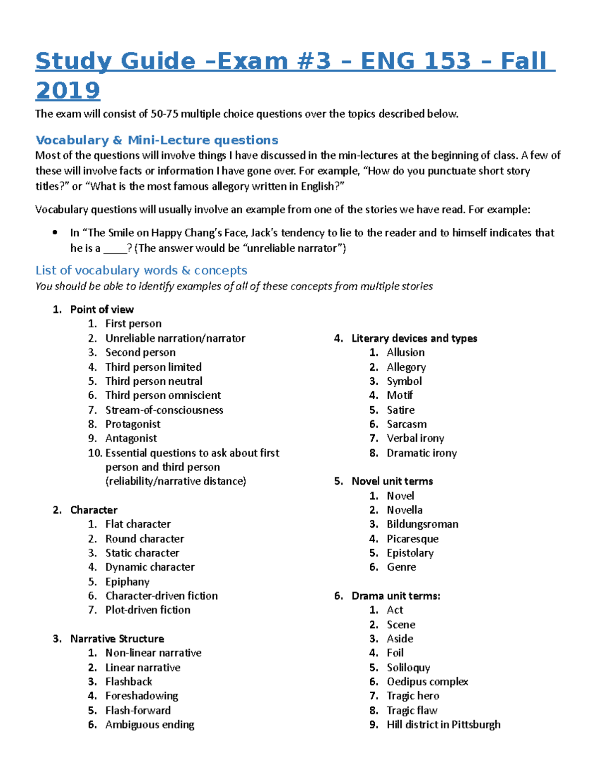 Final Study Guide ENG 153 Fall 2018 - Study Guide –Exam #3 – ENG 153 ...