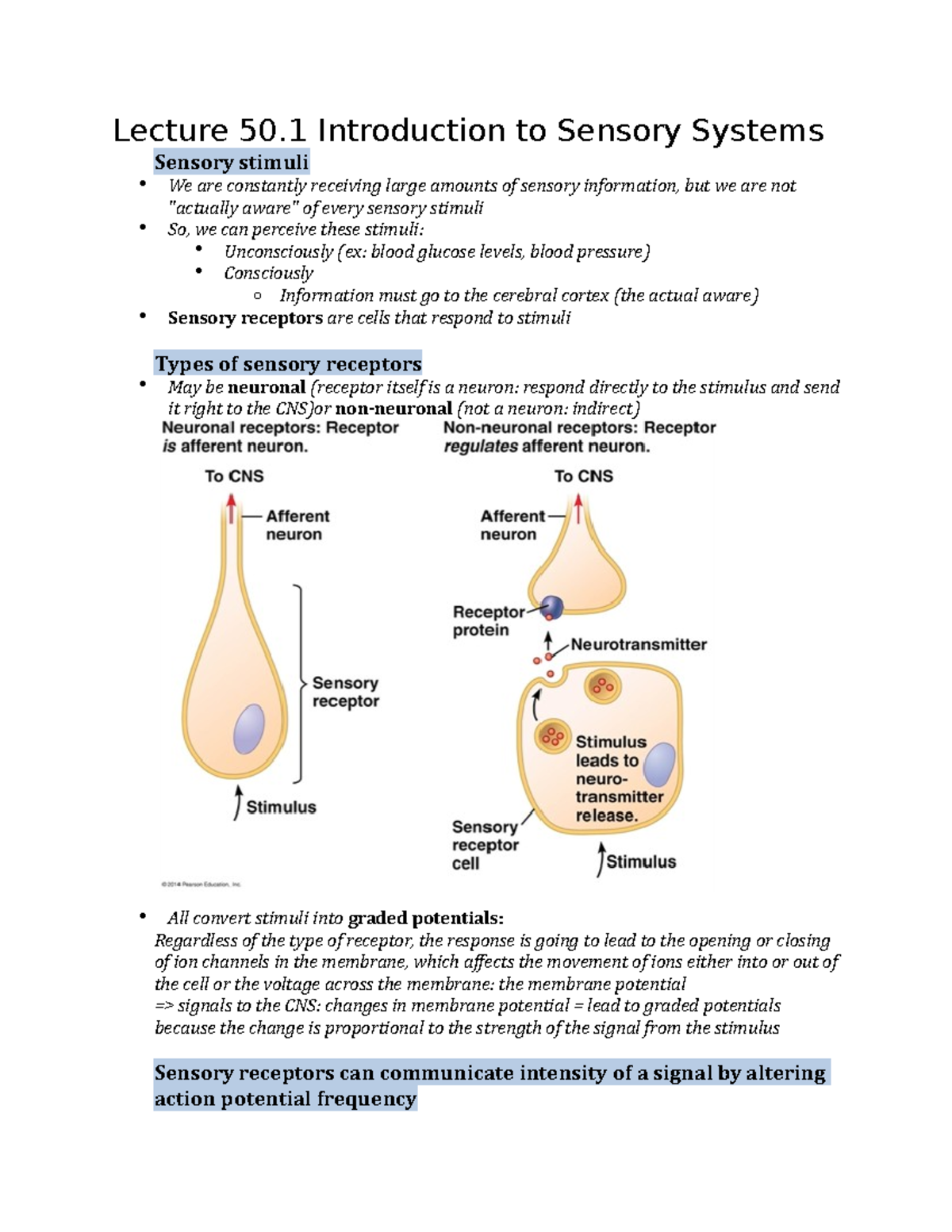 Chapter 50 part 1 - Lecture 50 Introduction to Sensory Systems Sensory stimuli We are constantly ...