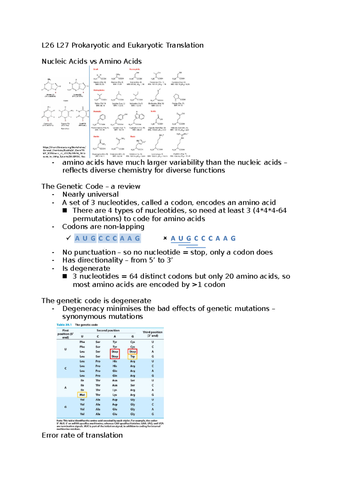 L26 L27 Prokaryotic and Eukaryotic Translation - coli) How accurate must translation be? In E ...