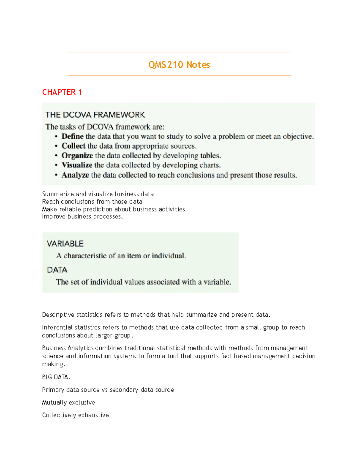 QMS210 Notes - QMS210 Notes CHAPTER 1 ####### Summarize and visualize ...