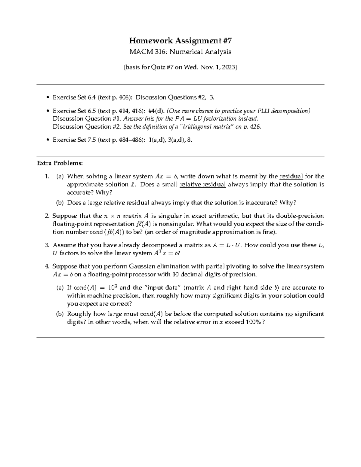 Hw7 - hw6 - Homework Assignment MACM 316: Numerical Analysis (basis for Quiz #7 on Wed. Nov. 1 ...
