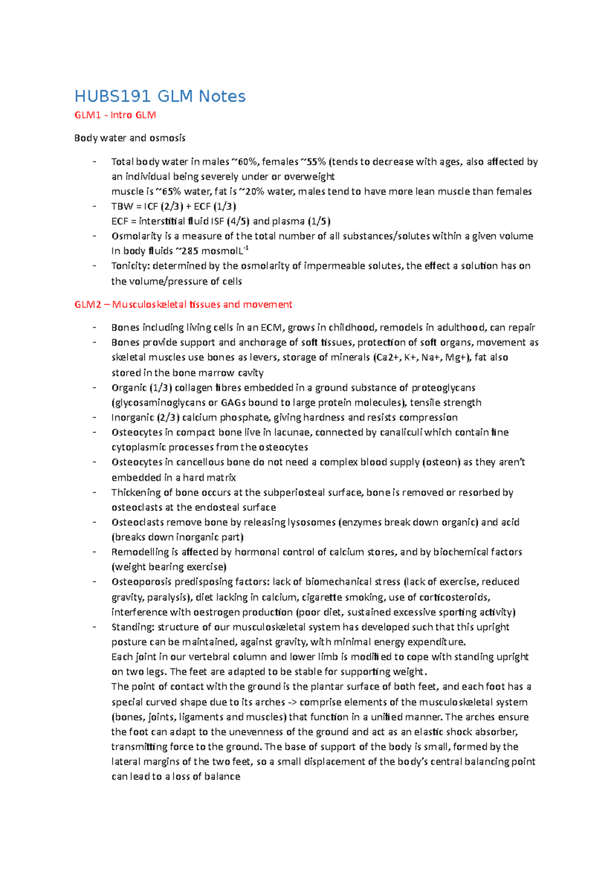HUBS191 GLM notes - HUBS191 GLM Notes GLM1 - Intro GLM Body water and ...