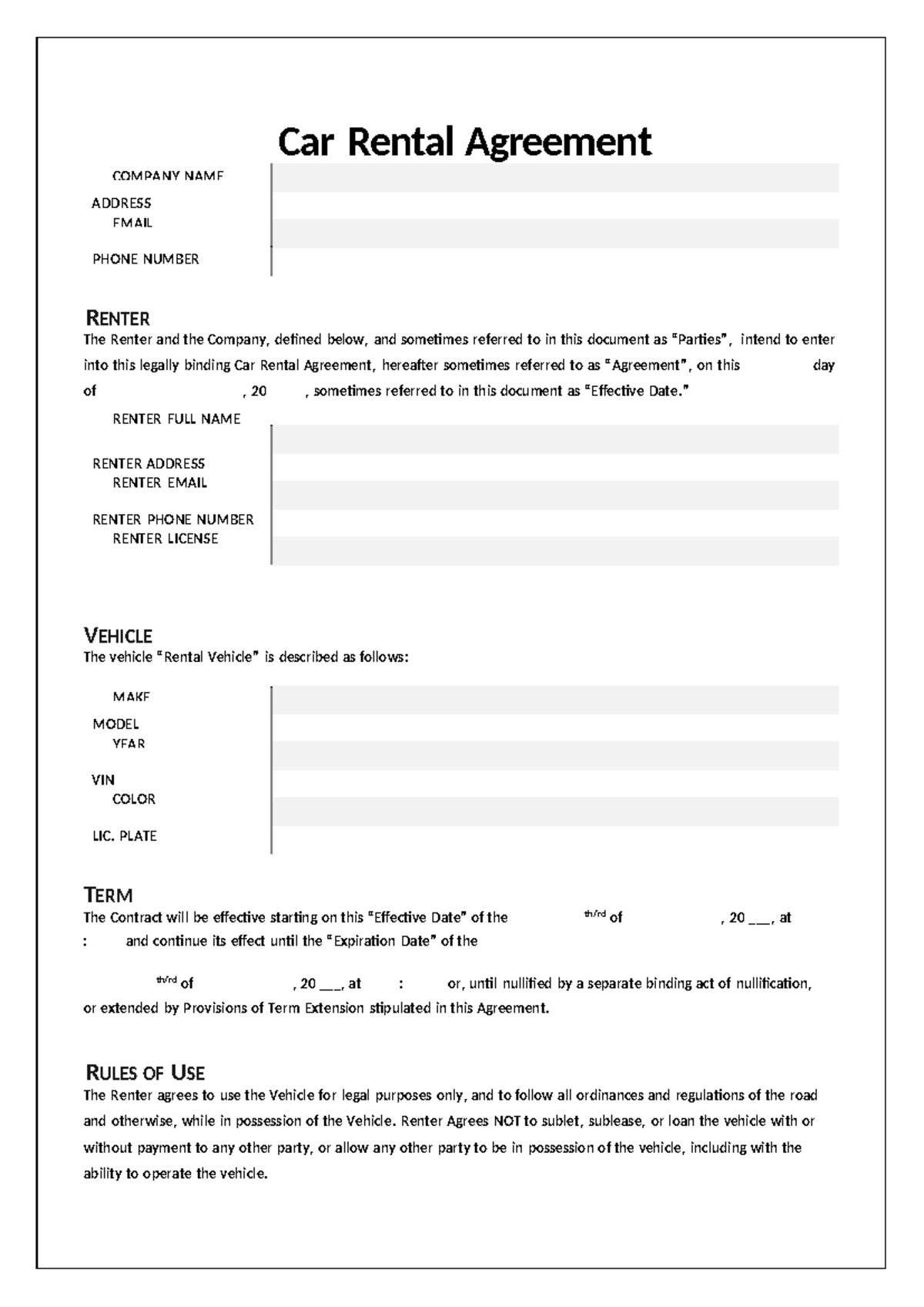 Sample Car Rental Agreement - Car Rental Agreement ADDRESS PHONE NUMBER ...