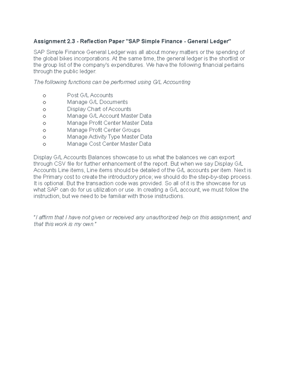 Assignment 2.3 - Reflection Paper SAP Simple Finance - General Ledger ...
