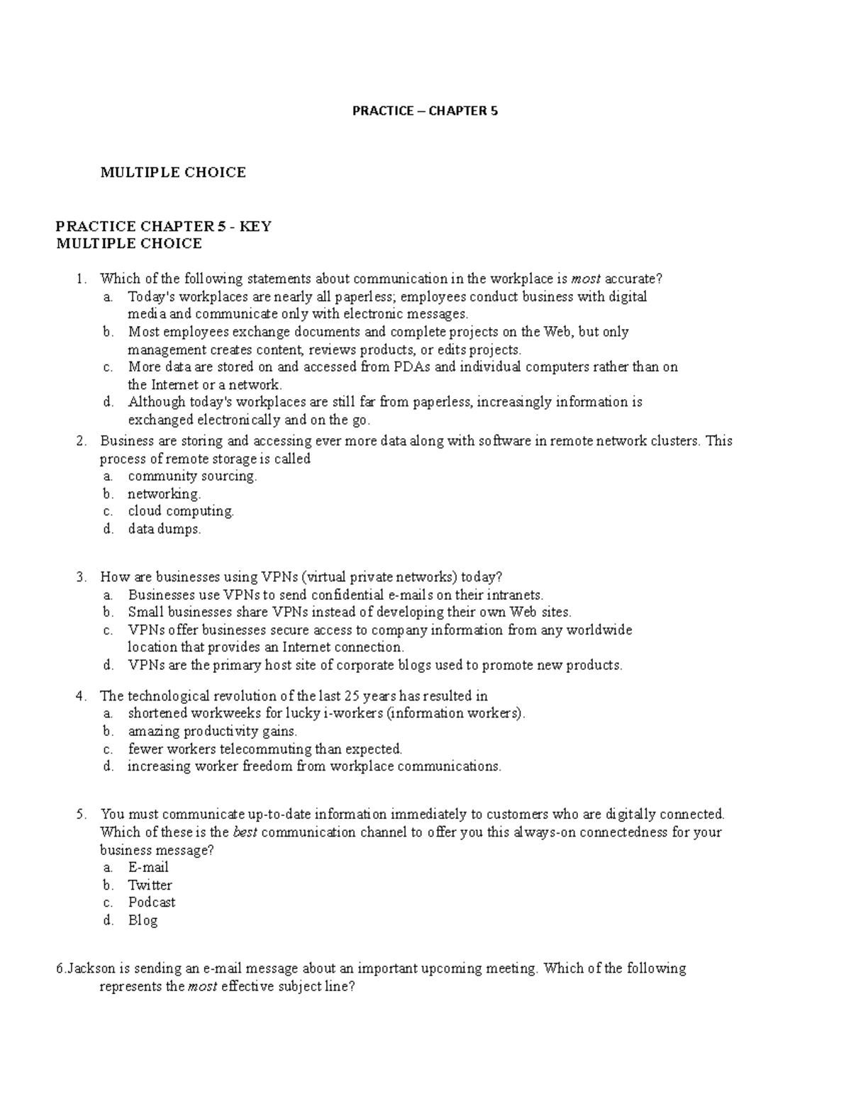 Practice - Chapter 5 - PRACTICE – CHAPTER 5 MULTIPLE CHOICE PRACTICE ...