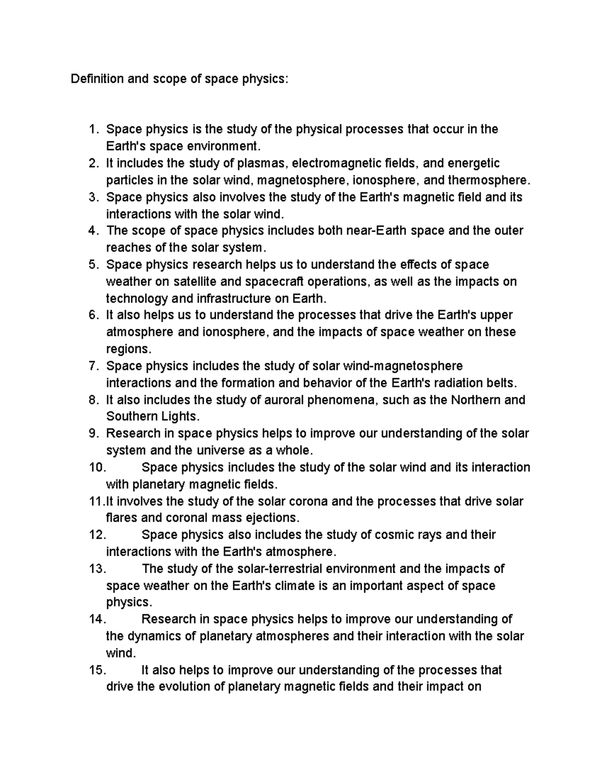 Definition and scope of space physics - It includes the study of ...