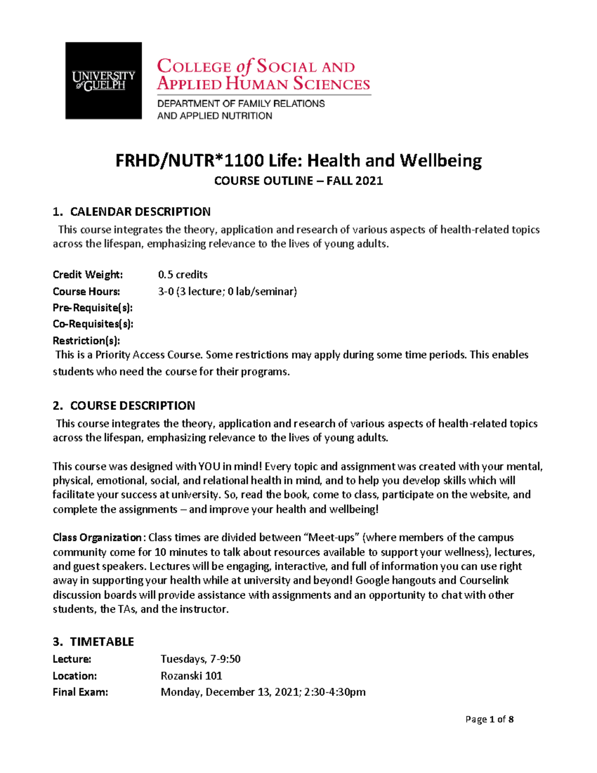 FRAN course outline FRHD1100 F21 - FRHD/NUTR*1100 Life: Health and ...