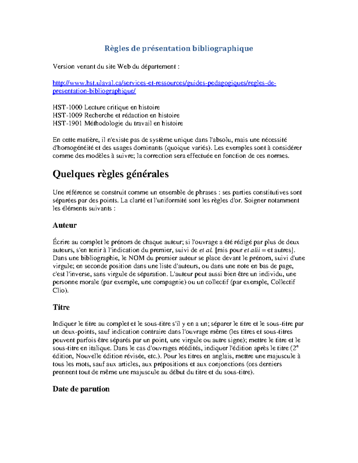 Règle de présentation - Règles de présentation bibliographique Version ...