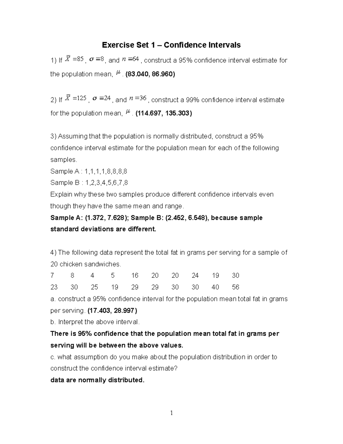 Exercise Set 1 - Confidence Intervals - Exercise Set 1 – Confidence Intervals 1) If X 85 , 8 ...