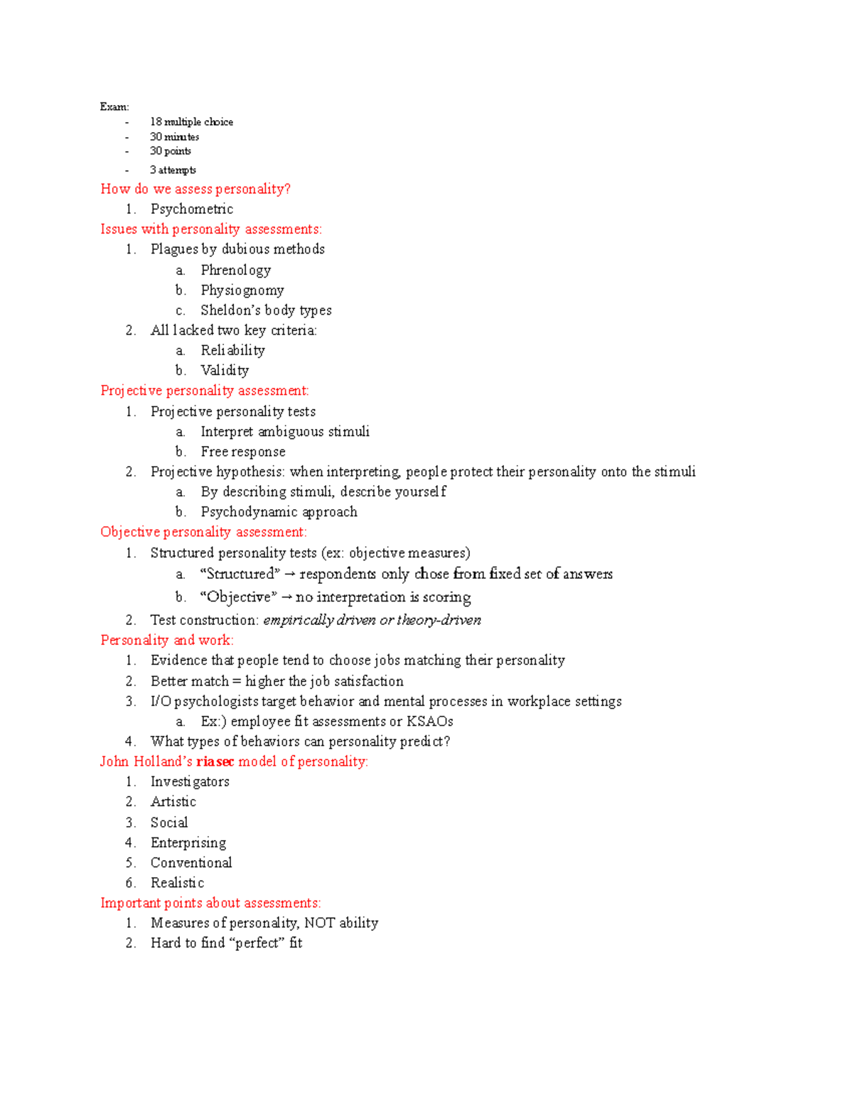 Personality notes - Exam: - 18 multiple choice - 30 minutes - 30 points ...