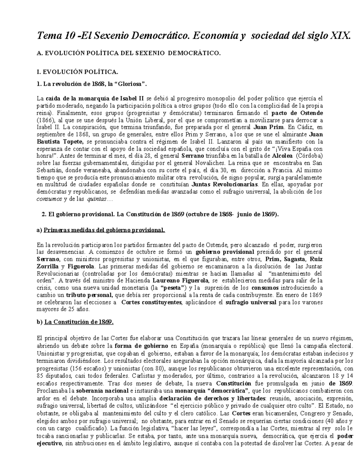 Sexenioy - Economía y sociedad del siglo XIX. A. EVOLUCIÓN POLÍTICA DEL SEXENIO DEMOCRÁTICO. I ...