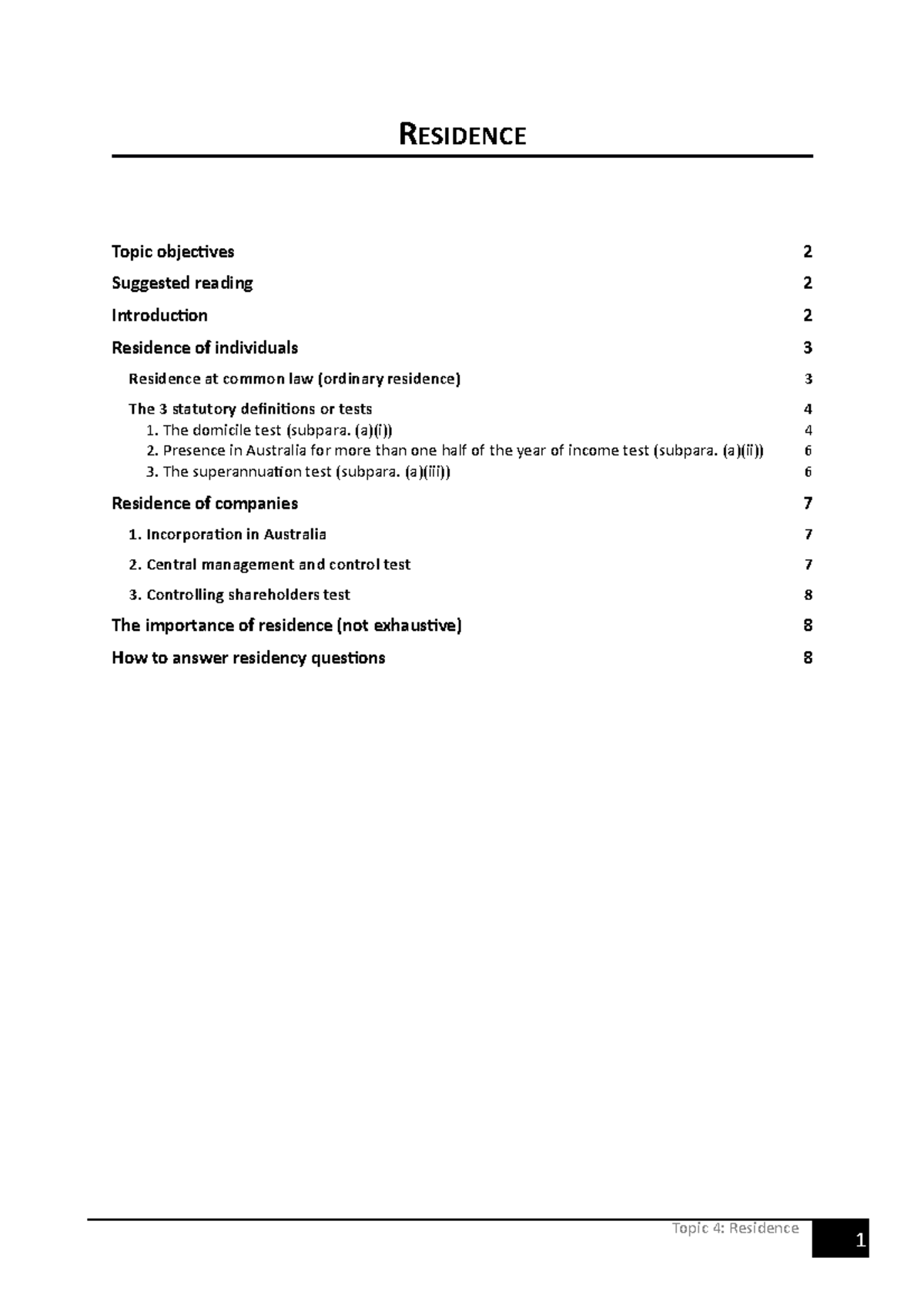 Residence Notes 2020 - Topic 4: Residence Topic objectives RESIDENCE ...