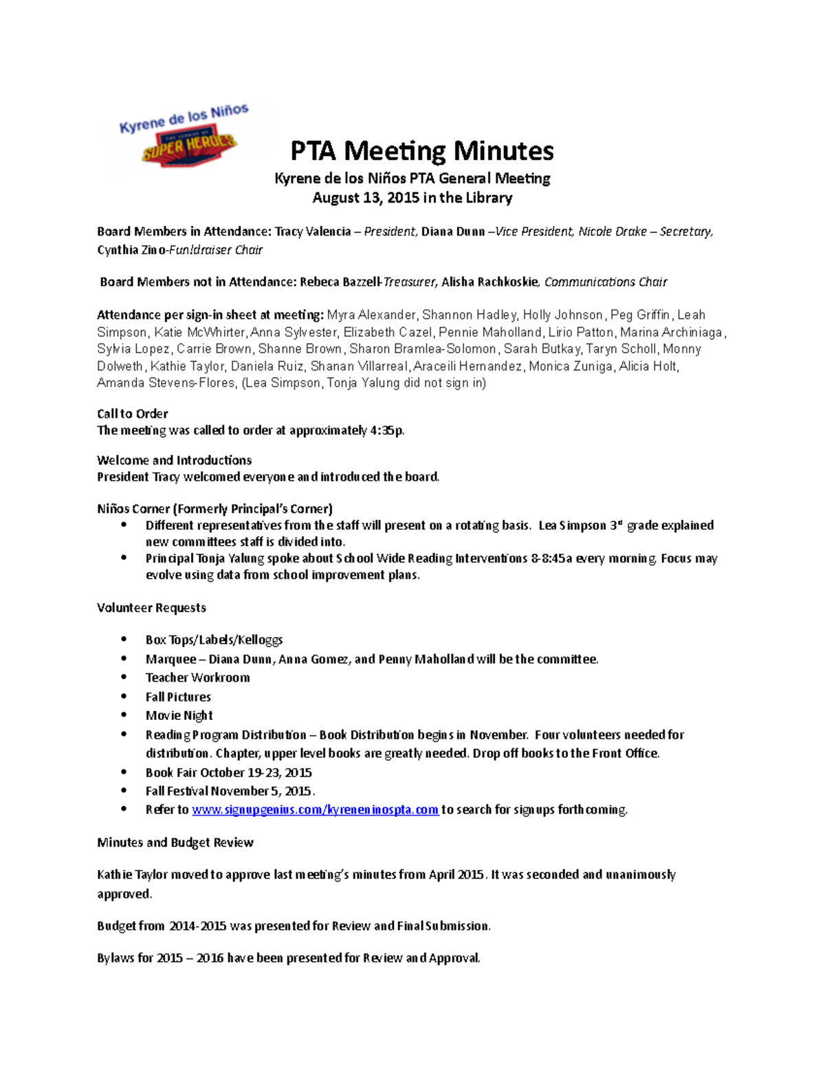Aug 13 2015 PTA General Meeting Minutes - PTA Meeting Minutes Kyrene de ...