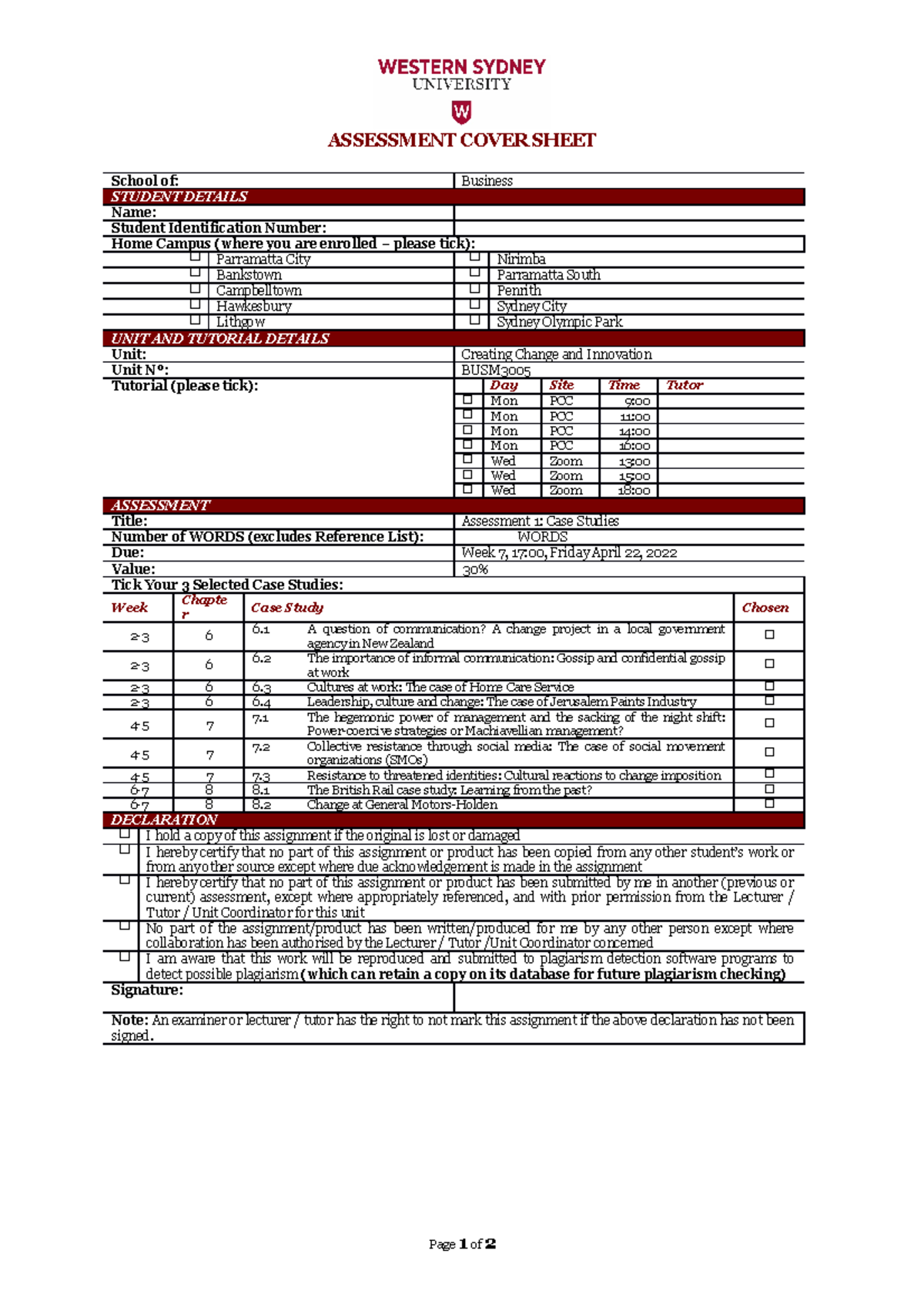 Assessment 1 Cover Sheet & Guide - ASSESSMENT COVER SHEET School of ...