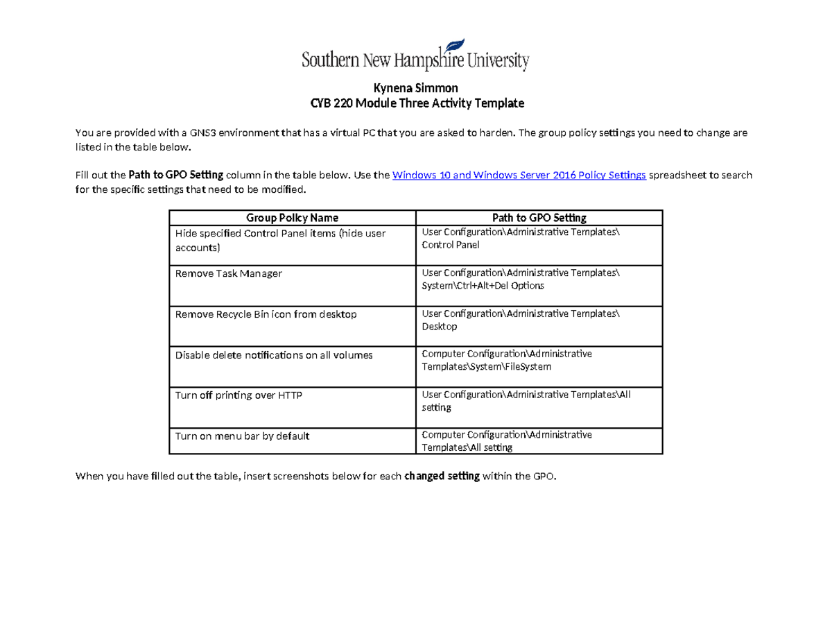 CYB 220 Module Three Activity Template (1) - Kynena Simmon CYB 220 ...