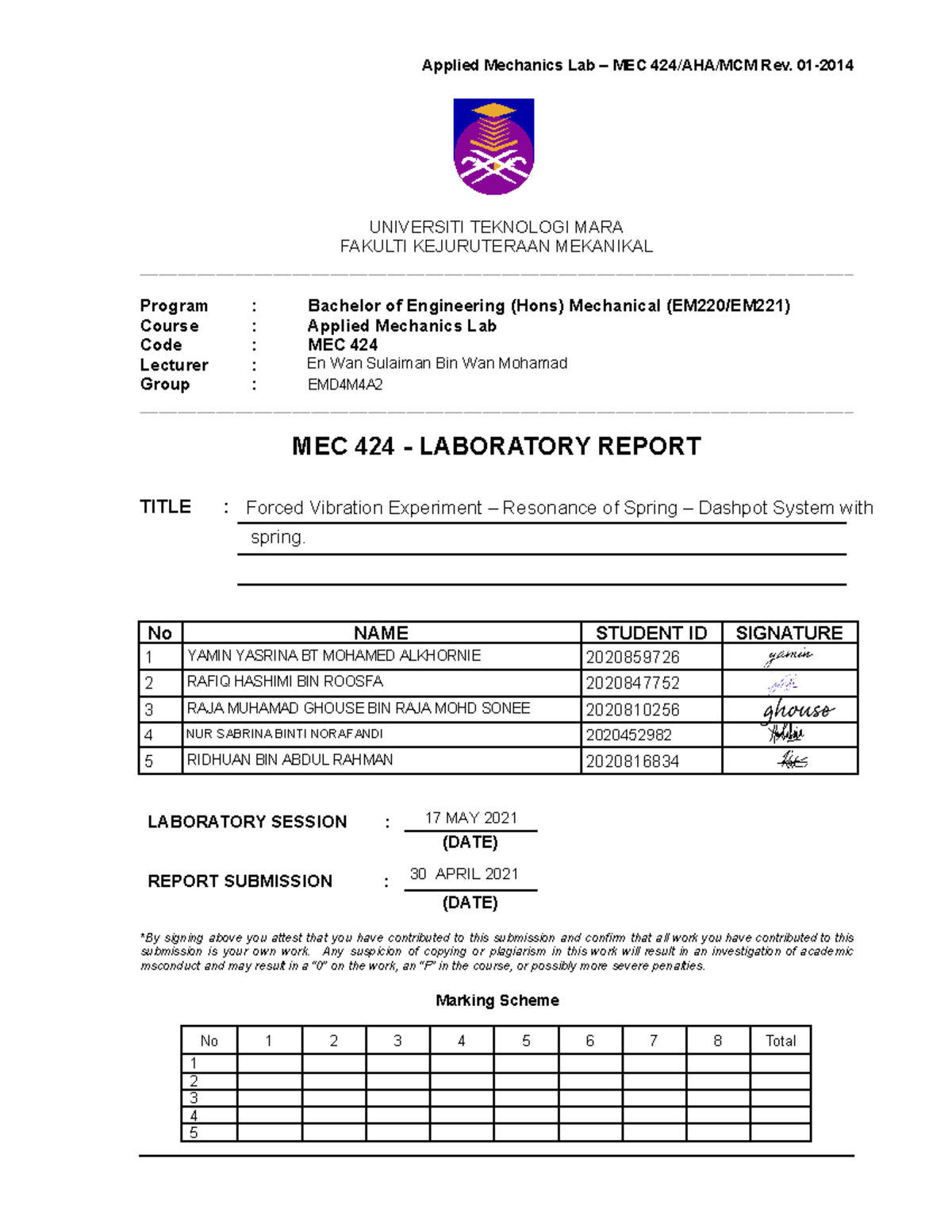 LAB 3 Dynamic - full report - Applied Mechanics Lab – MEC 424/AHA/MCM ...