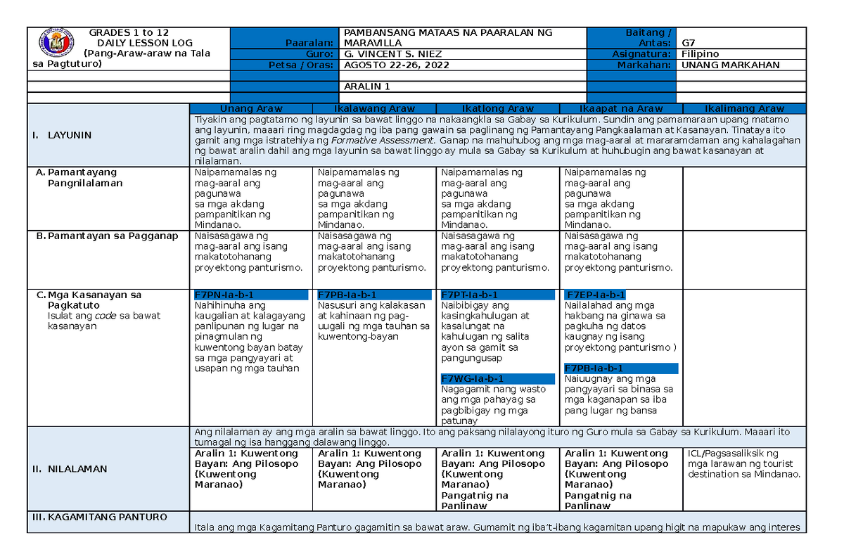 Aralin 1 - A sample of Learning Activity Sheet - GRADES 1 to 12 DAILY ...