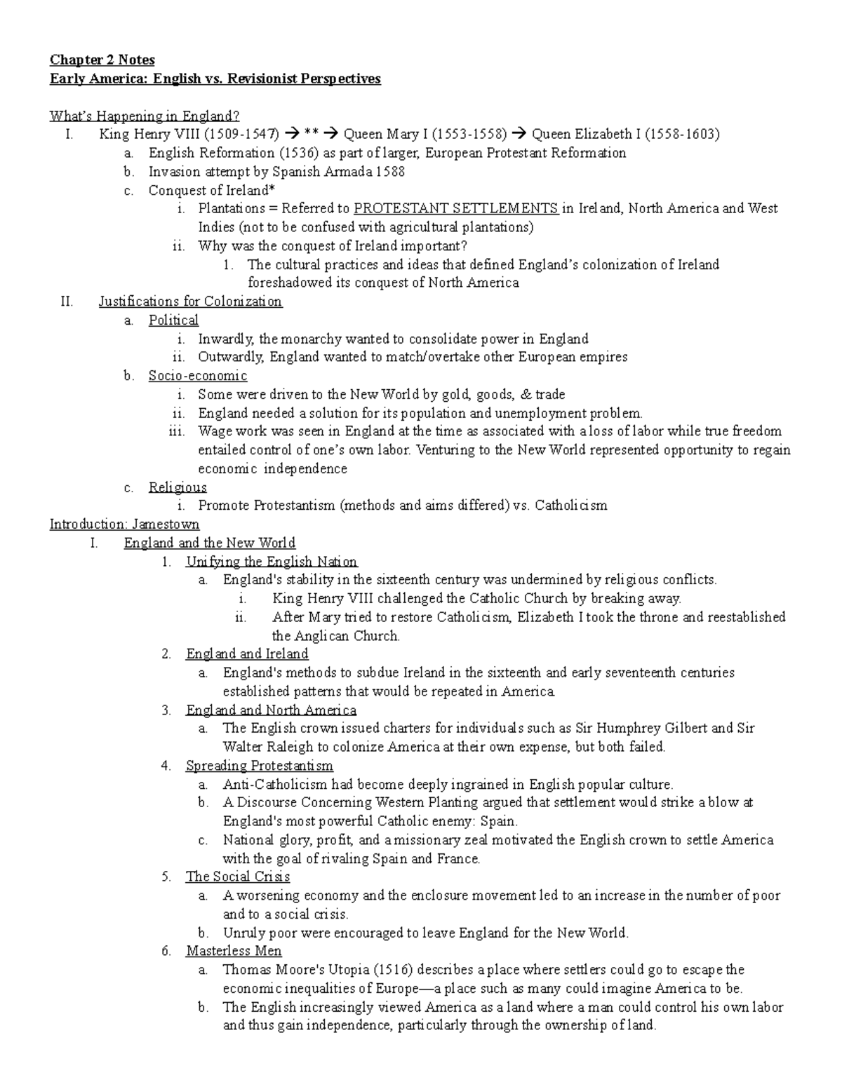 Chapter 2 Notes - History - Chapter 2 Notes Early America: English vs ...