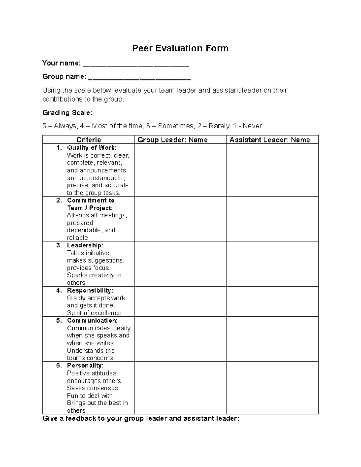 Evaluation Form for Leaders - Peer Evaluation Form Your name