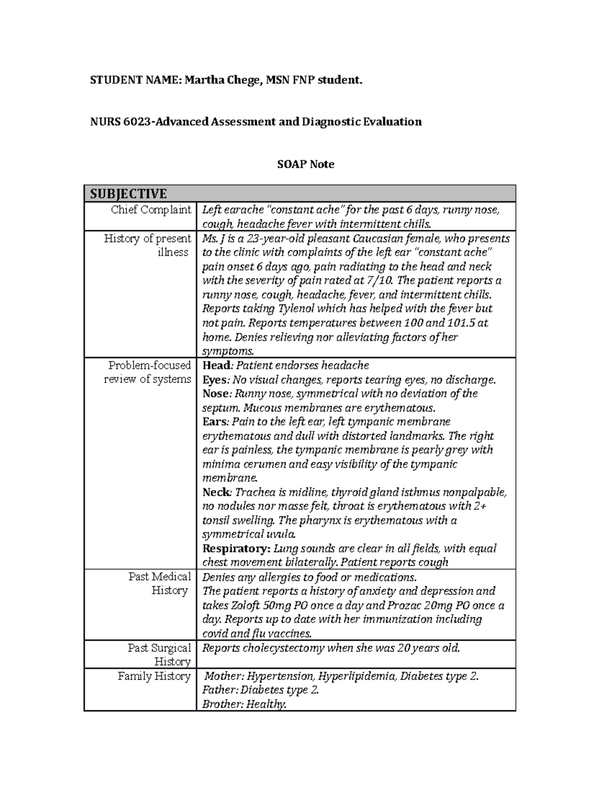 NURS Assessment and Diagnostic Evaluation SOAP Note - Studocu