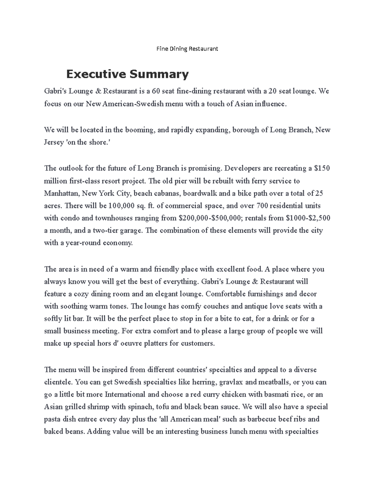 Fine Dining Restaurant - Fine Dining Restaurant Executive Summary Gabri ...
