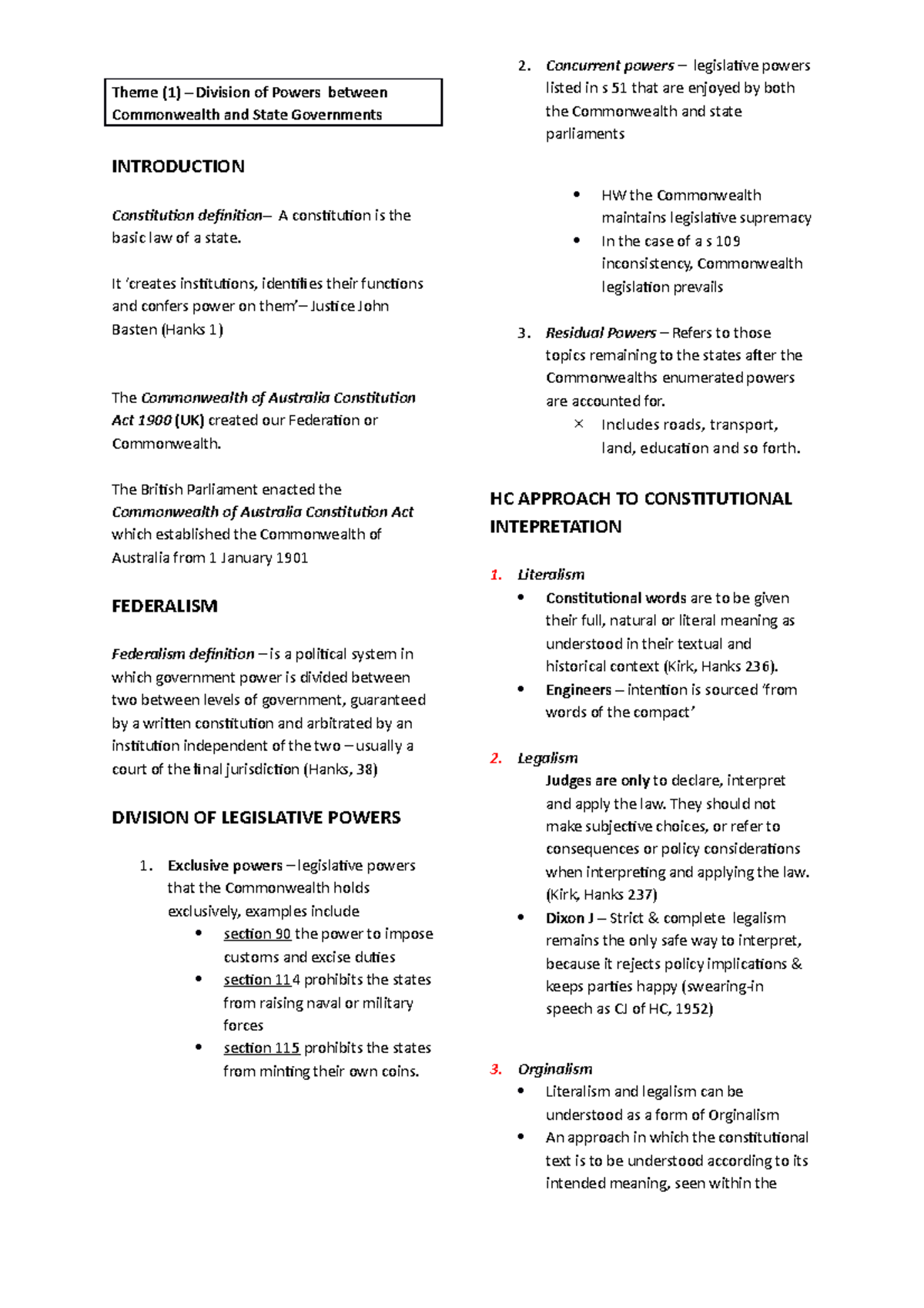 Exam Notes - Theme 1 (Division of Powers) - Theme (1) Division of ...
