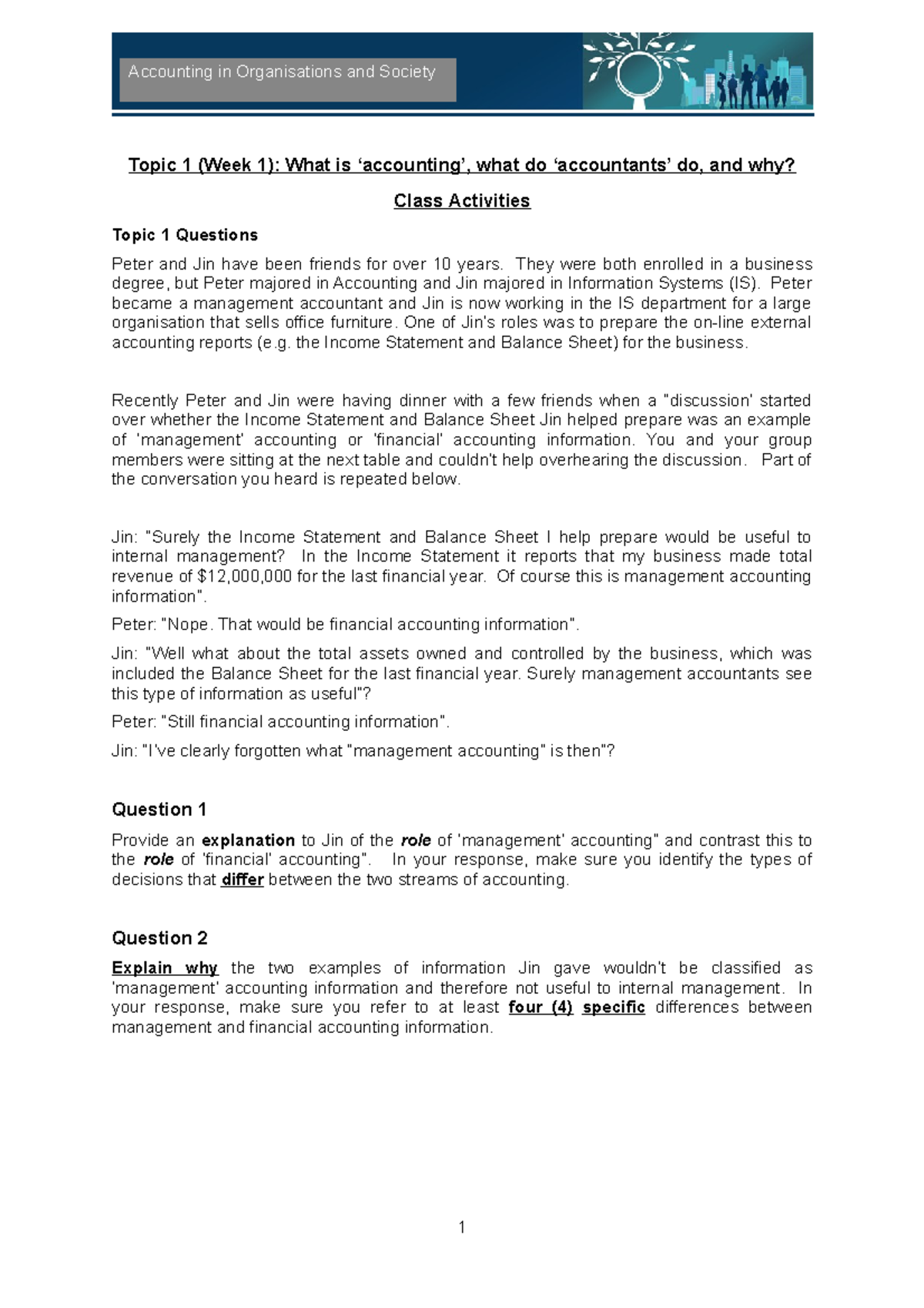 Topic 1 - Class Activities - Accounting in Organisations and Society ...