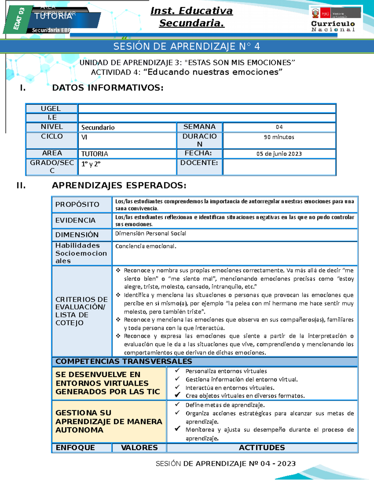1º Y 2° Tutoria SES 4 UNI 3 SEM 04 - TUTORIA ####### Secundaria EBR CURRICULAR SESIÓN DE ...